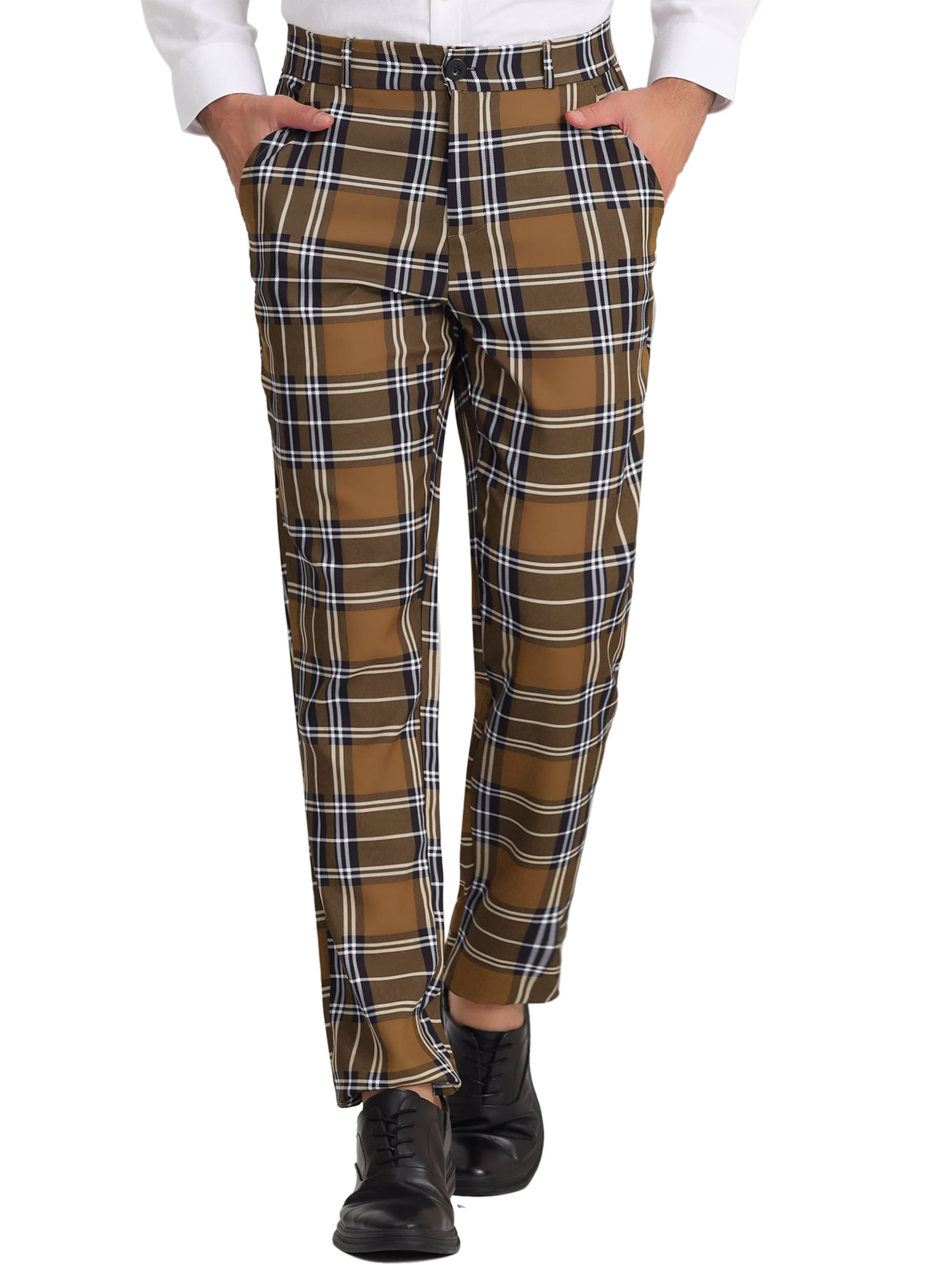 INSPIRE CHIC Men's Pants Plaid Flat Front Elastic Waist Button Pants 30 ...