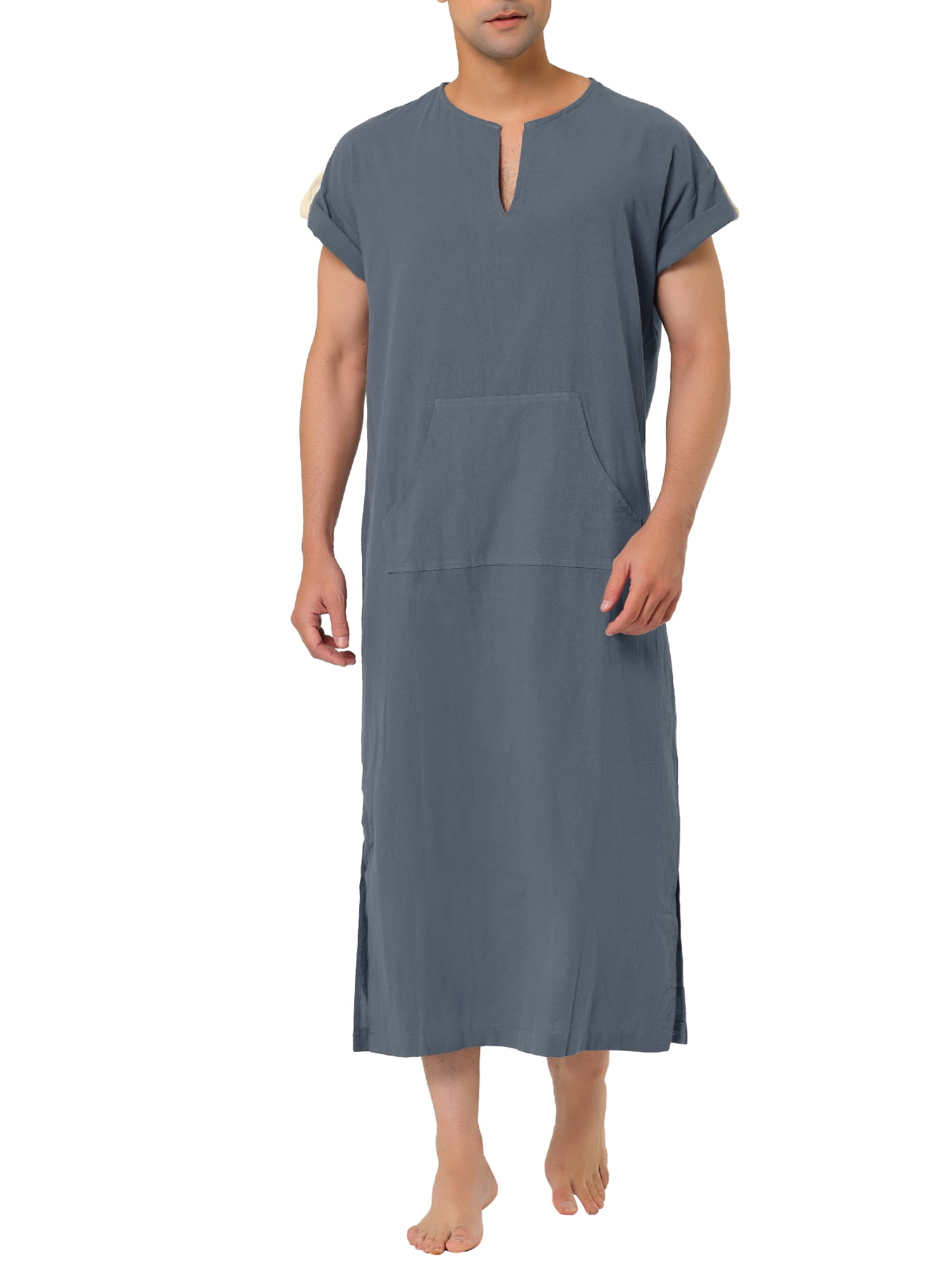 Lars Amadeus Men's V-Neck Short Sleeves Cotton Side Split Long ...