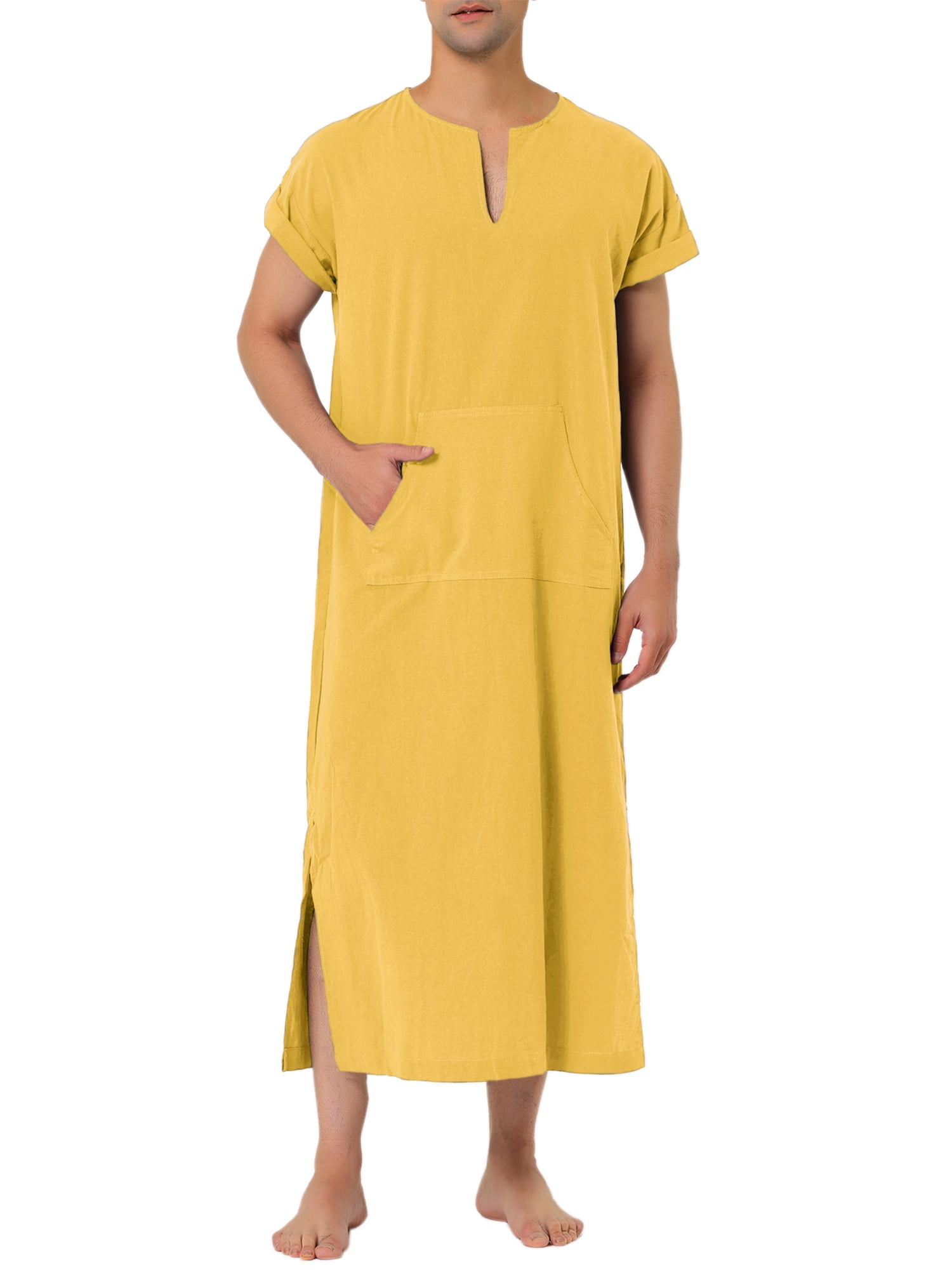 Lars Amadeus Men's V-Neck Short Sleeves Cotton Side Split Long ...