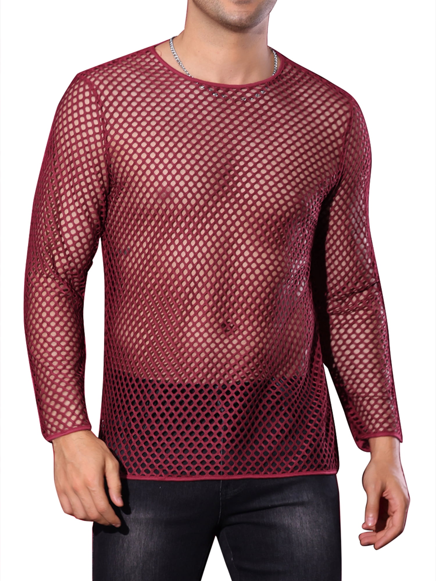 INSPIRE CHIC Men's Top Mesh T-Shirt Long Sleeves See Through Sheer Top ...