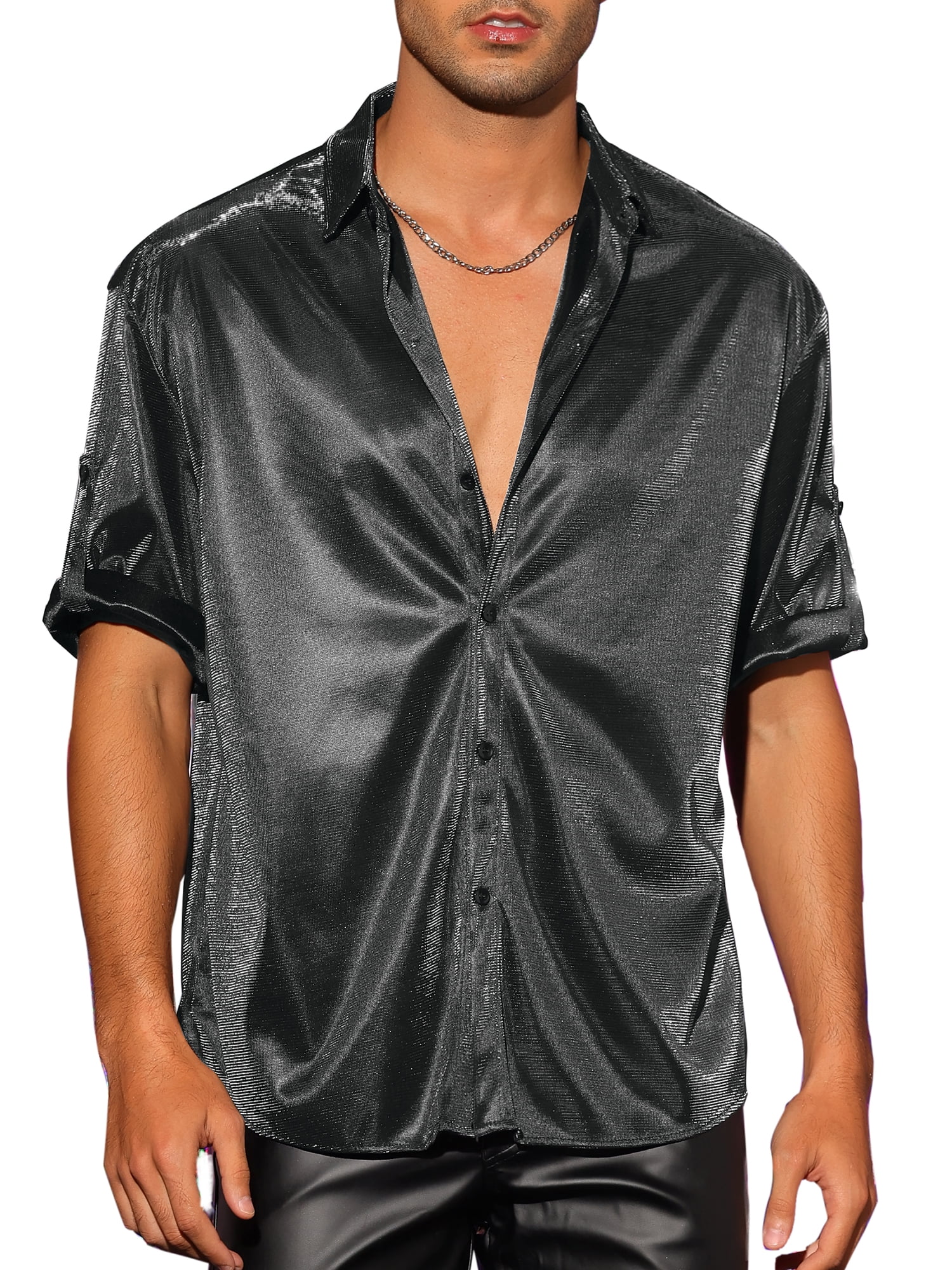 Lars Amadeus Metallic Holographic Shirt for Men's Roll-up Sleeves Disco Party Shirts - Walmart.com