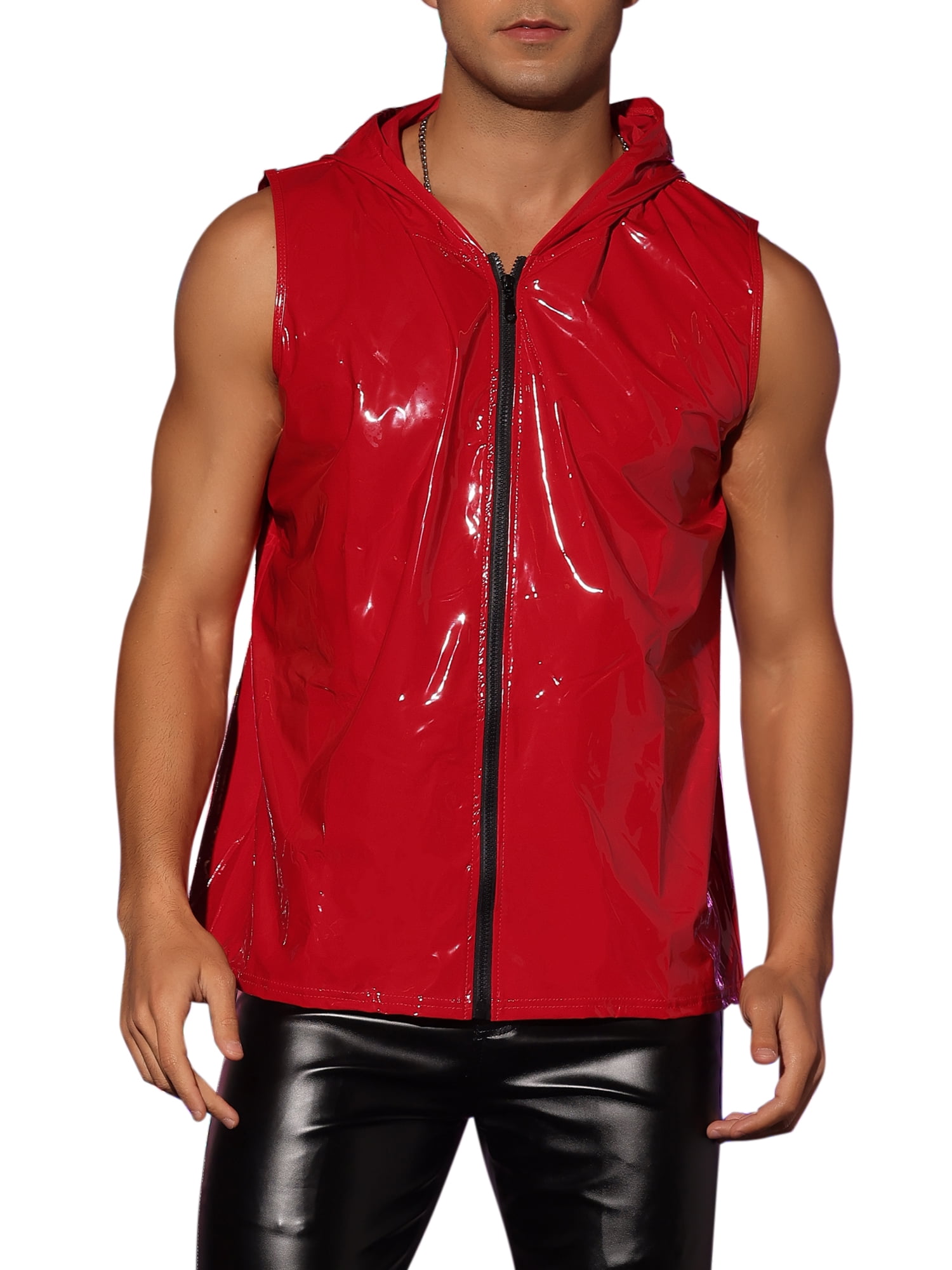 Lars Amadeus Metallic Hoodie Vest for Men's Shiny Party Club PU Zipper ...