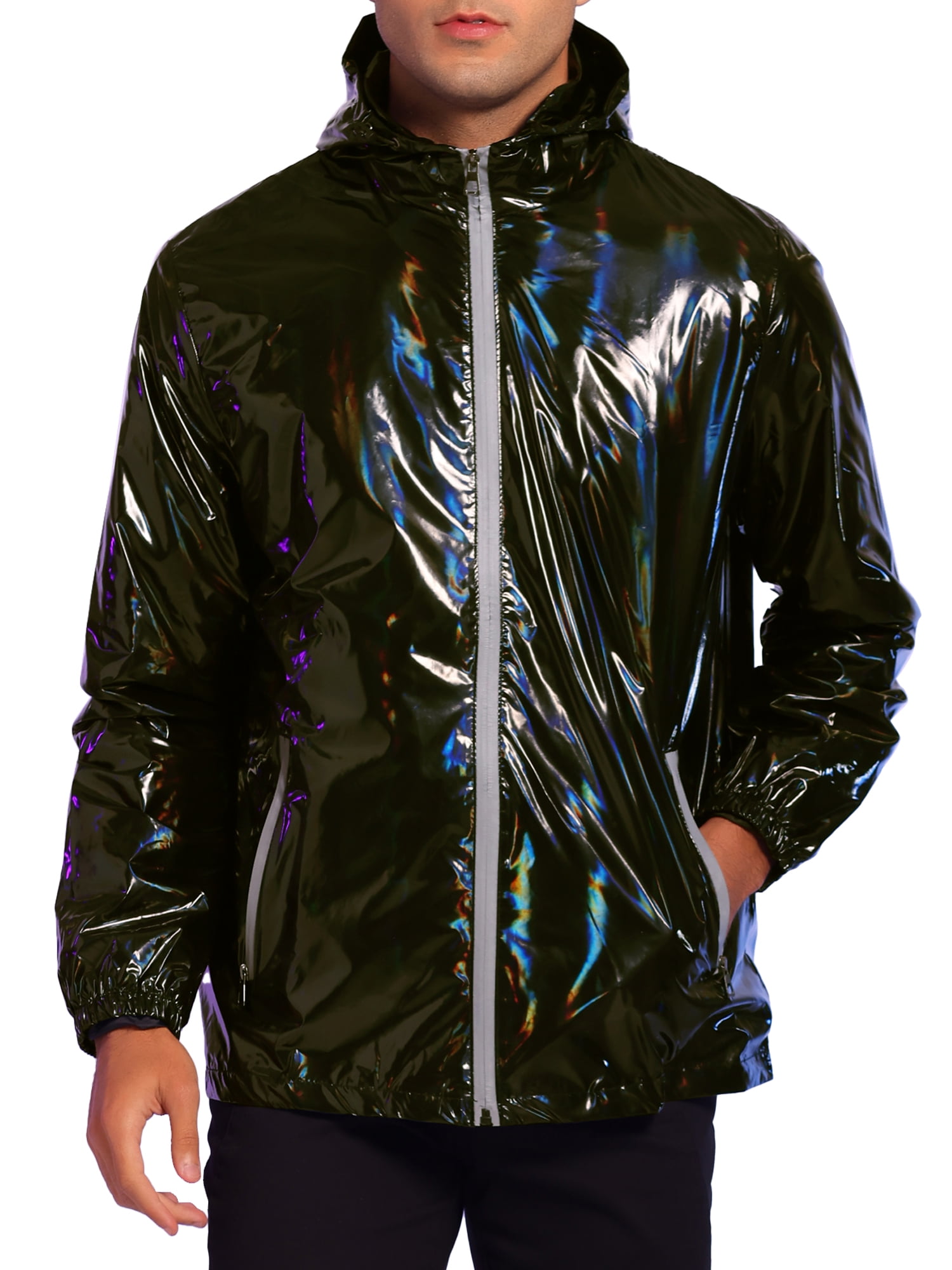INSPIRE CHIC Metallic Jacket for Men's Sparkle Zipper Hooded ...
