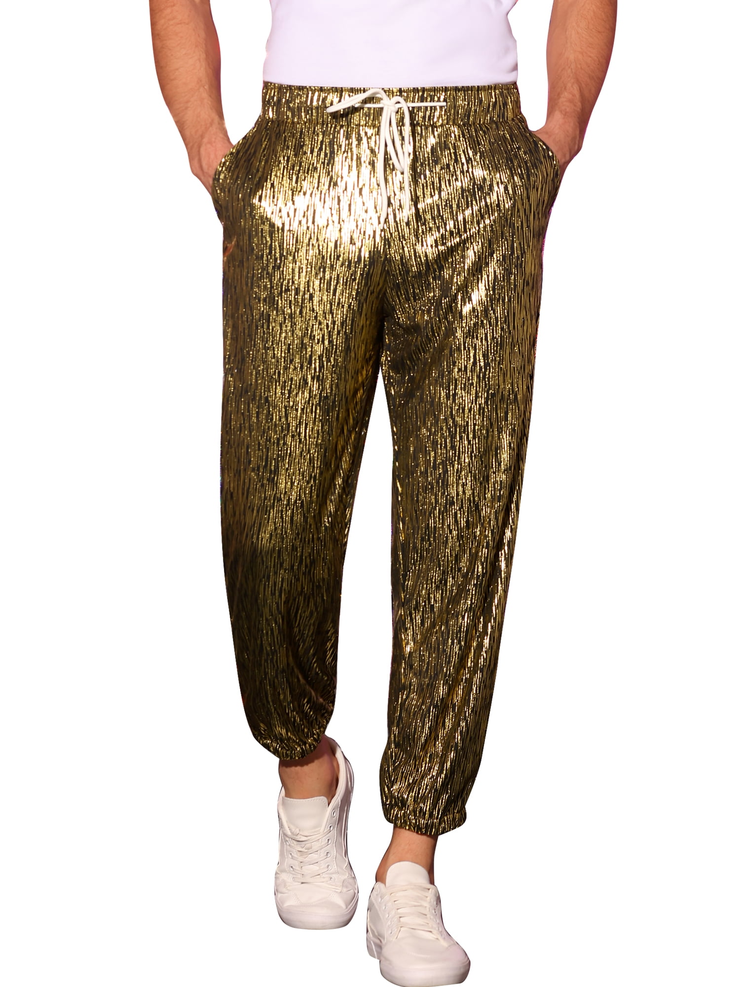 Lars Amadeus Metallic Jogger Pants for Men's Contrast Color Drawstring ...