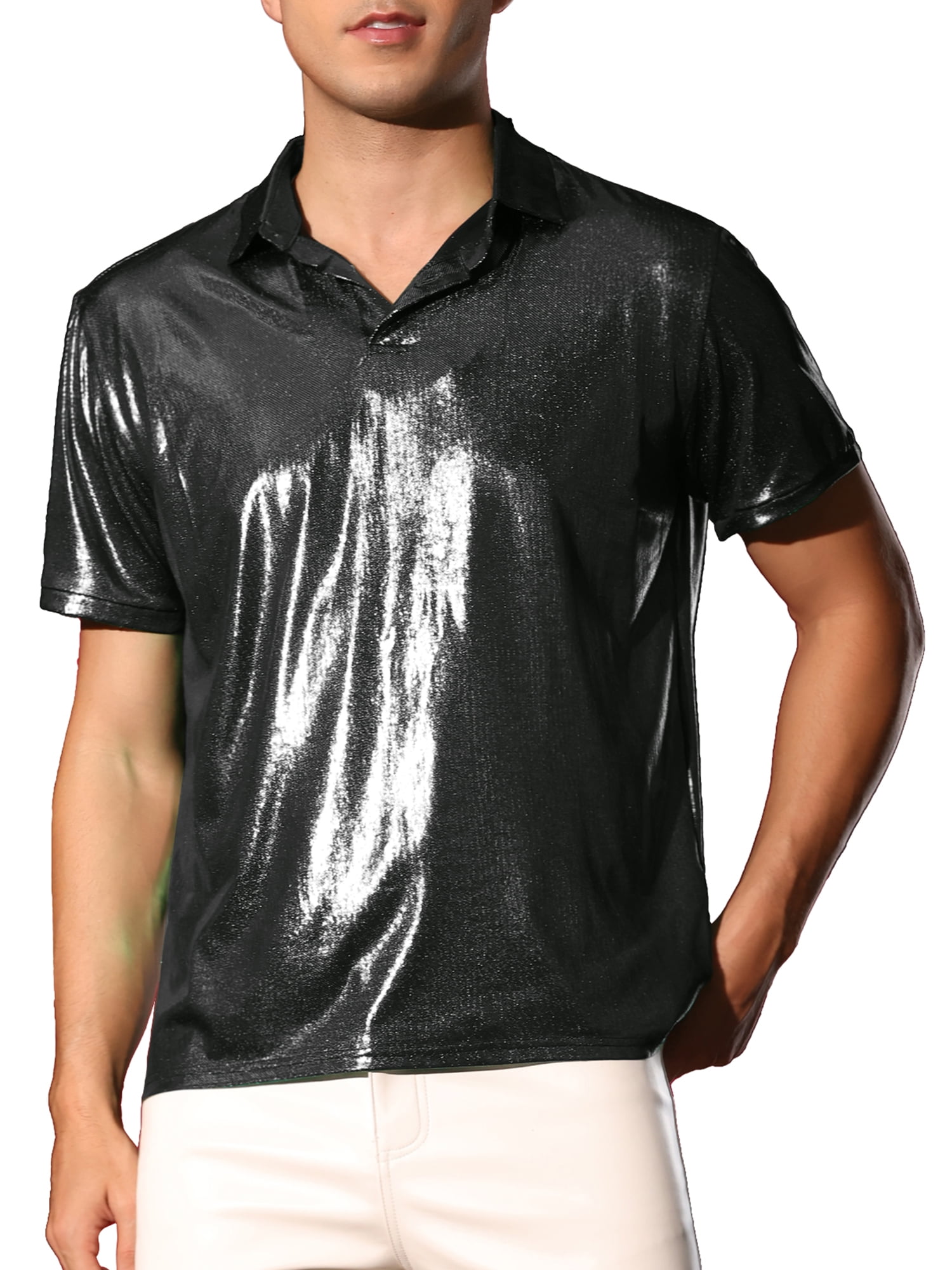 INSPIRE CHIC Metallic Polo Shirt for Men's Short Sleeves Shiny Disco ...