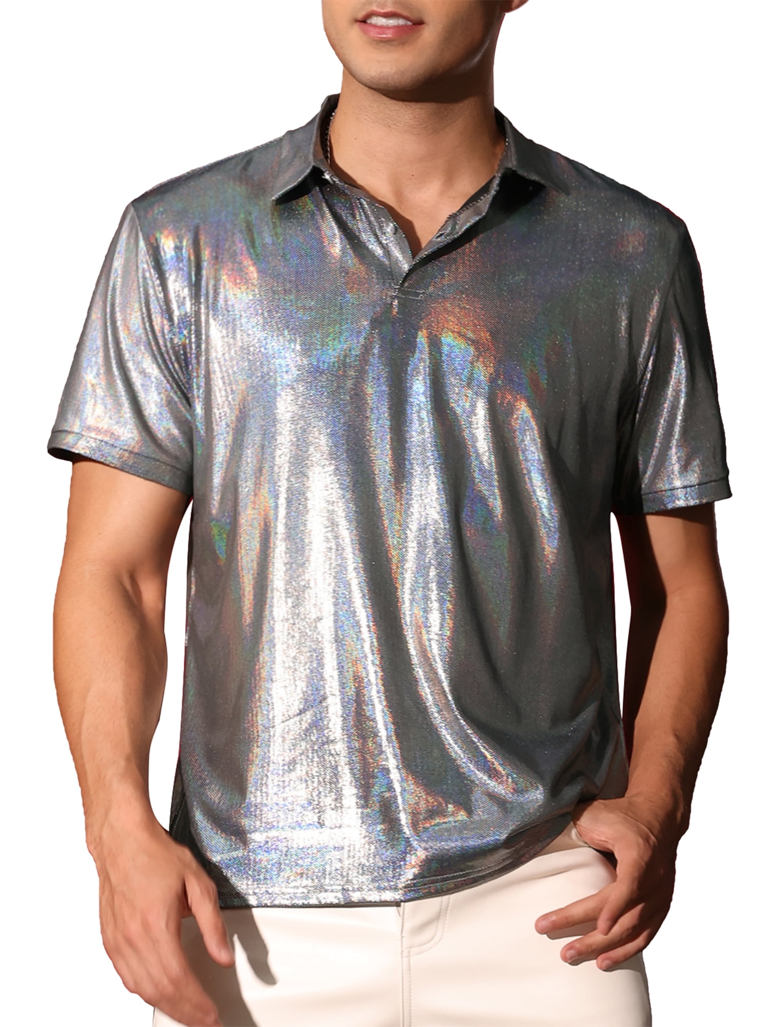 INSPIRE CHIC Metallic Polo Shirt for Men's Short Sleeves Shiny Disco ...