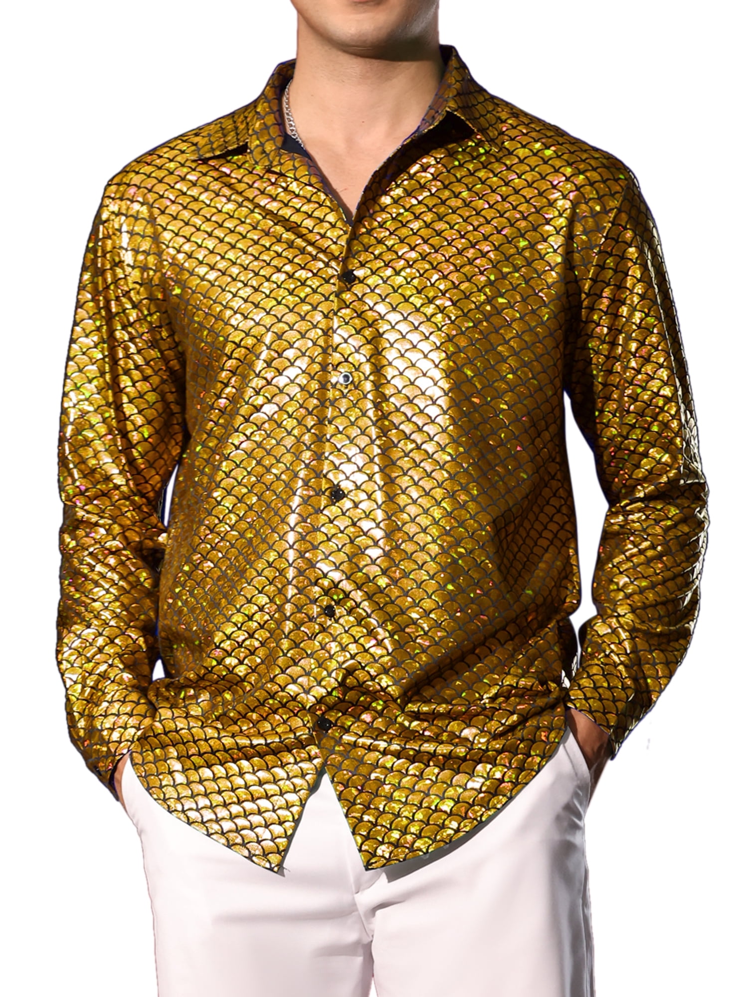 INSPIRE CHIC Metallic Shirt for Men's Long Sleeves Party Disco Shiny ...