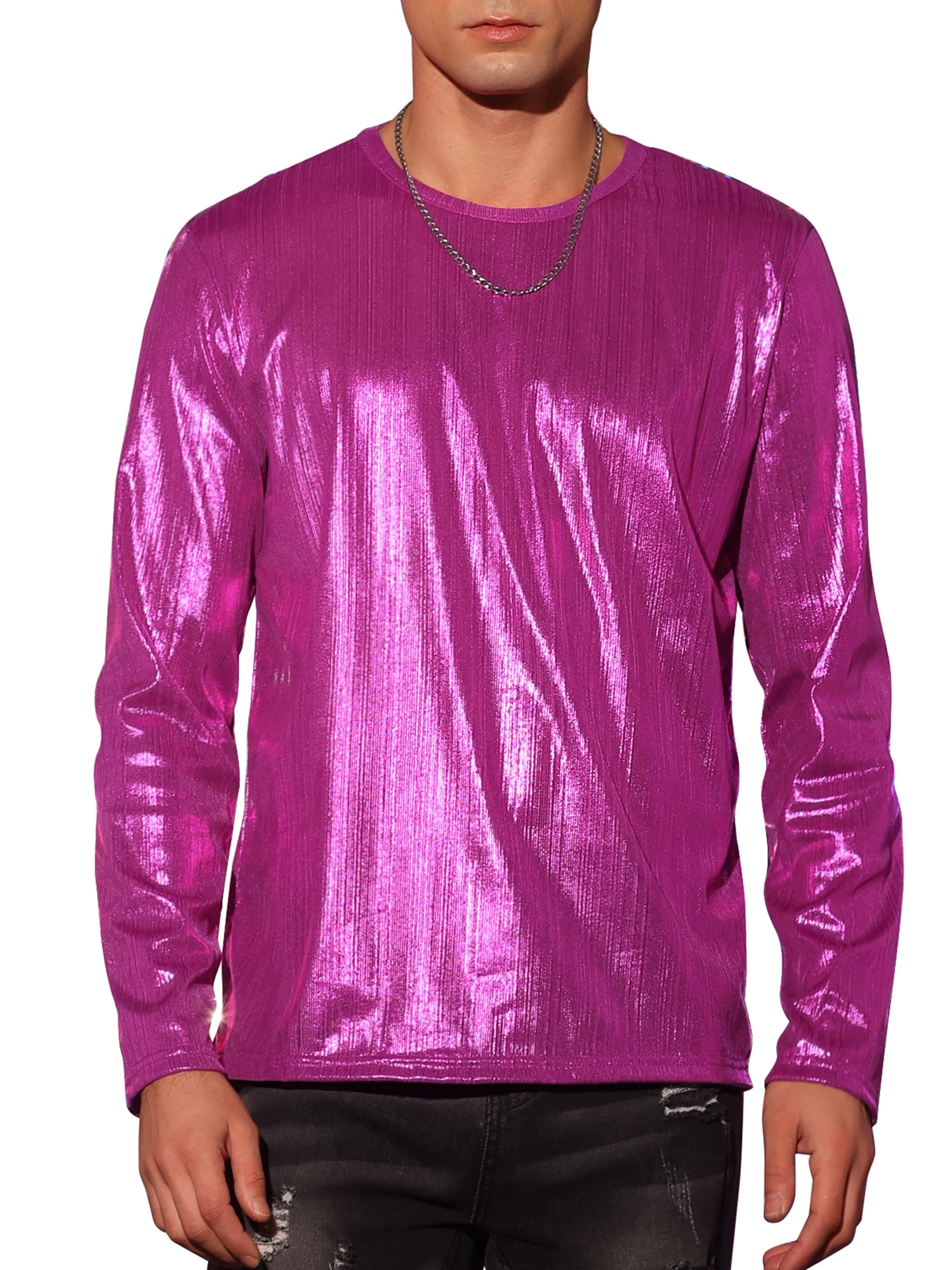 INSPIRE CHIC Metallic Shirt for Men's Long Sleeves Shiny Tee Tops ...