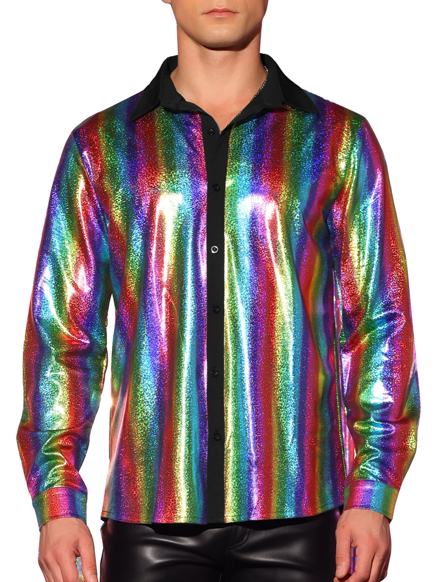 INSPIRE CHIC Metallic Shirts for Men's Long Sleeves Button Down Shiny ...