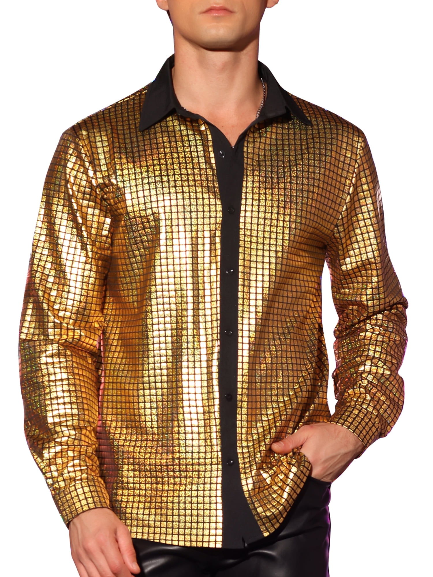 INSPIRE CHIC Metallic Shirts for Men's Long Sleeves Button Down Shiny ...
