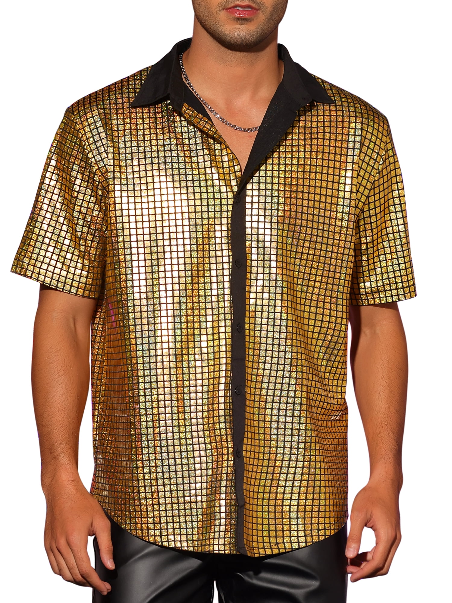 Lars Amadeus Metallic Shirts for Men's Short Sleeves Costume Disco ...
