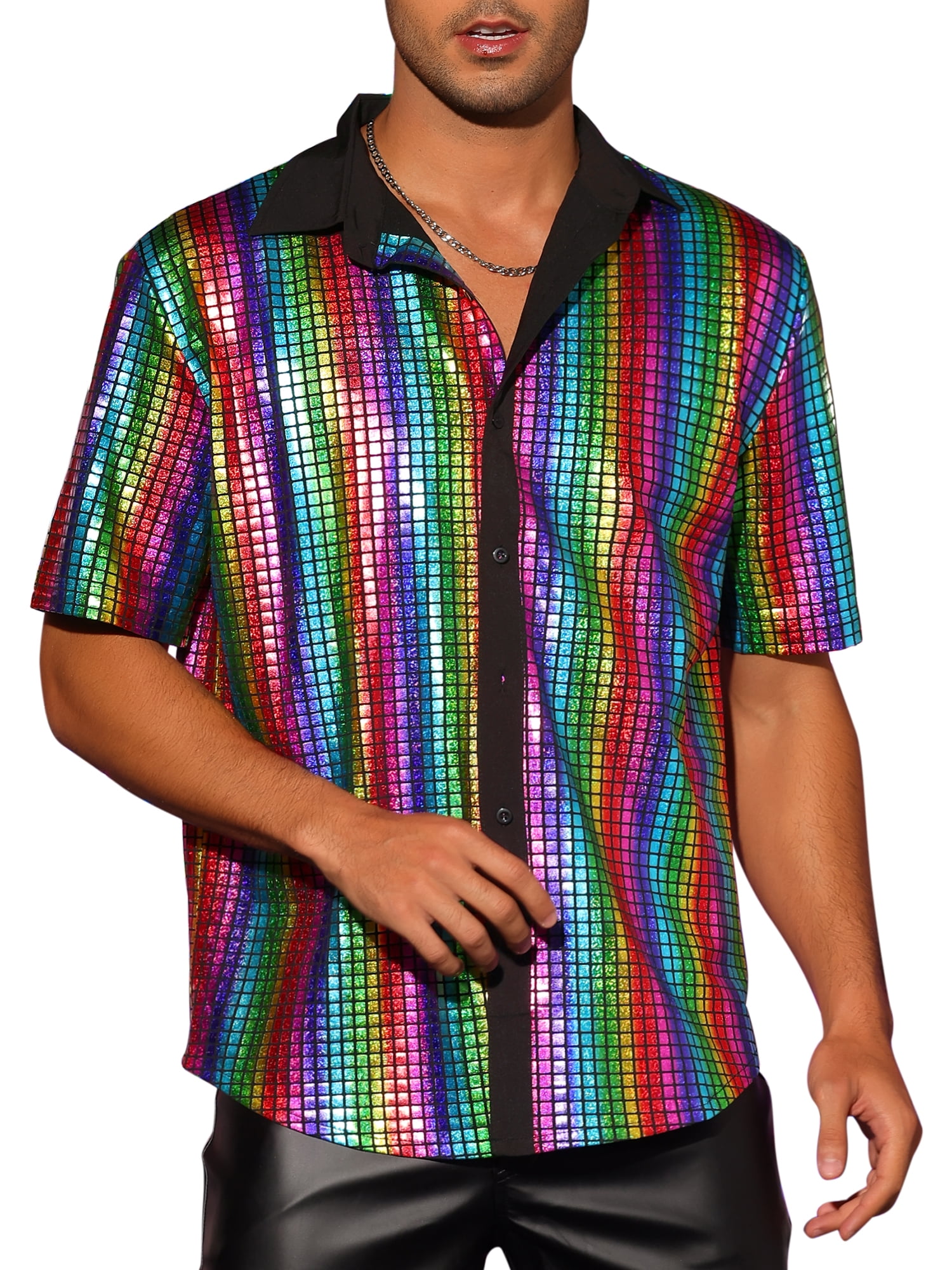 Lars Amadeus Metallic Shirts for Men's Short Sleeves Costume Disco ...