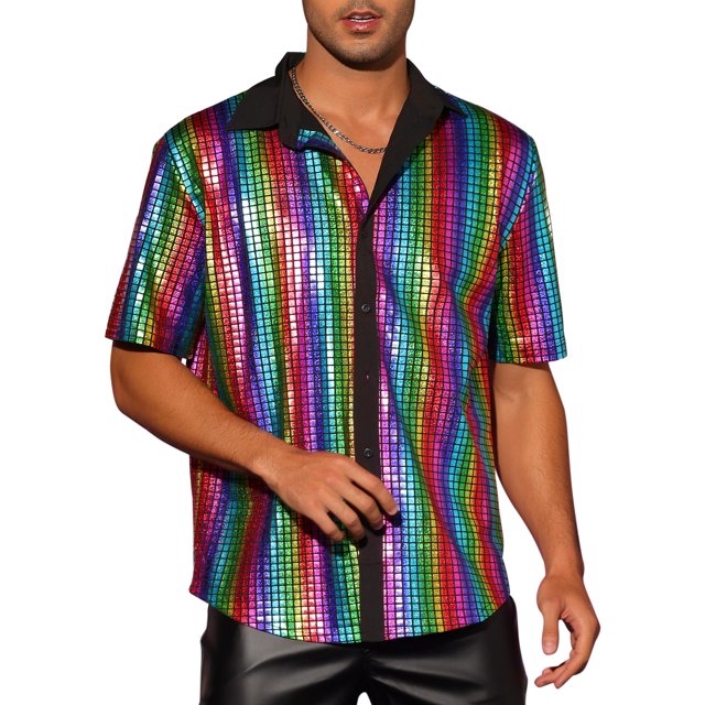 Lars Amadeus Metallic Shirts for Men's Short Sleeves Costume Disco Shiny Button Down Shirt ...