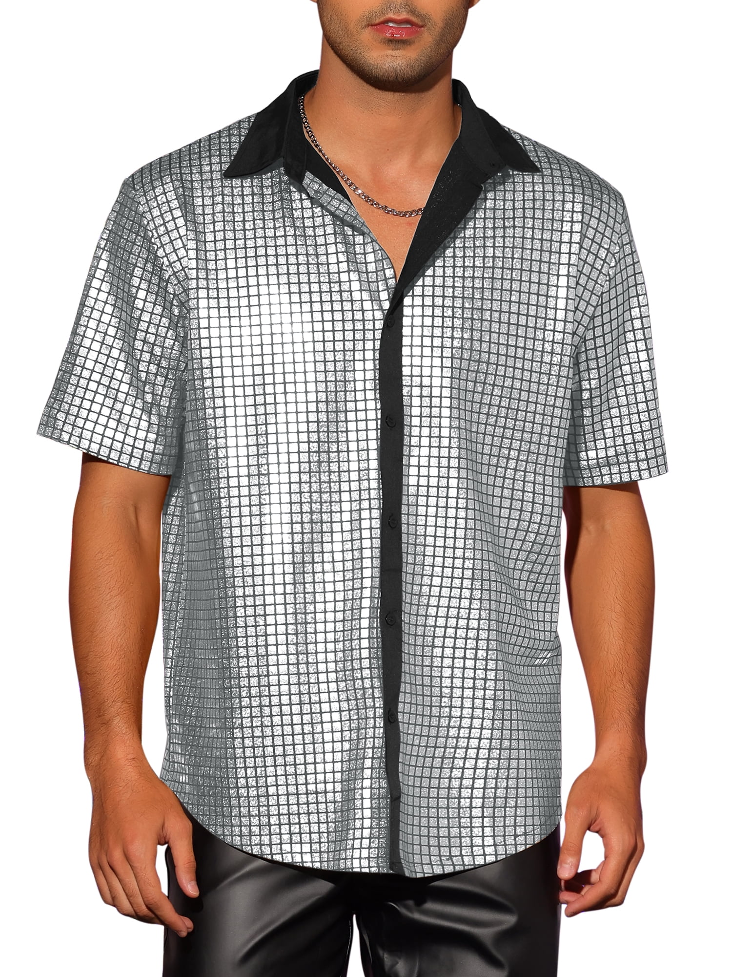 Lars Amadeus Metallic Shirts for Men's Short Sleeves Costume Disco Shiny Button Down Shirt ...