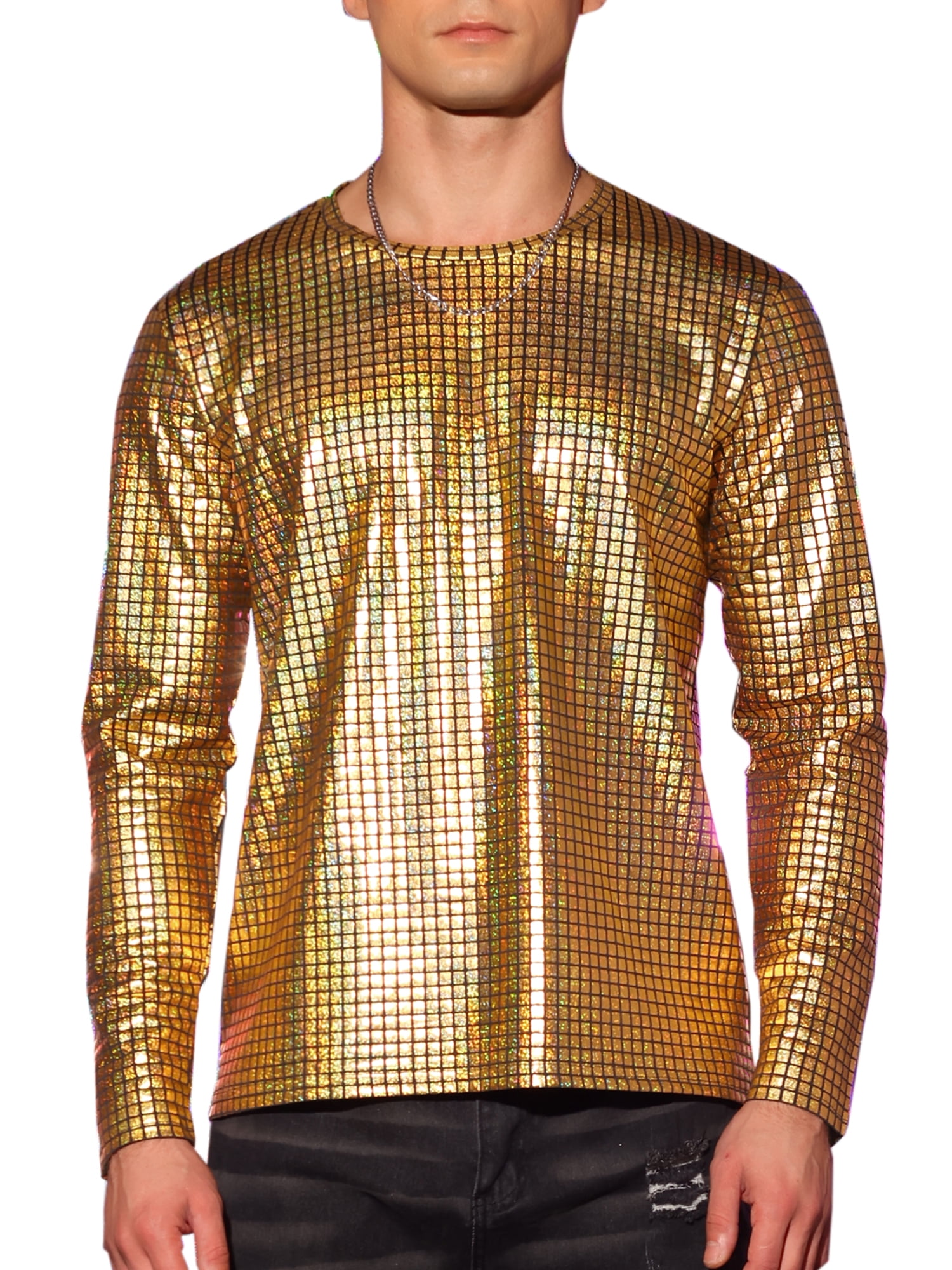 Lars Amadeus Metallic T-Shirt for Men's Crew Neck Long Sleeves Party ...