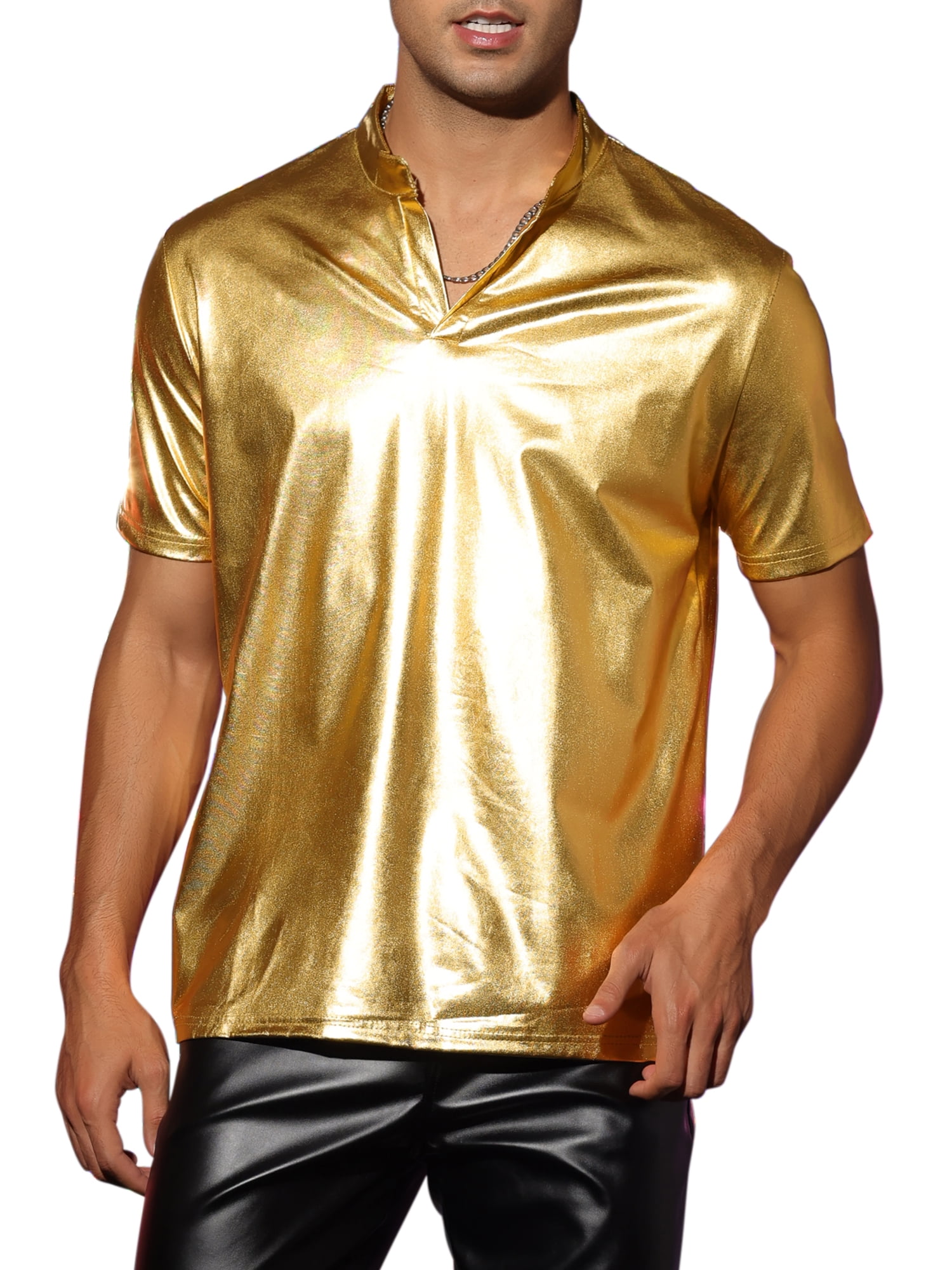 Lars Amadeus Metallic T-Shirt for Men's Stand Collared Shiny Disco ...
