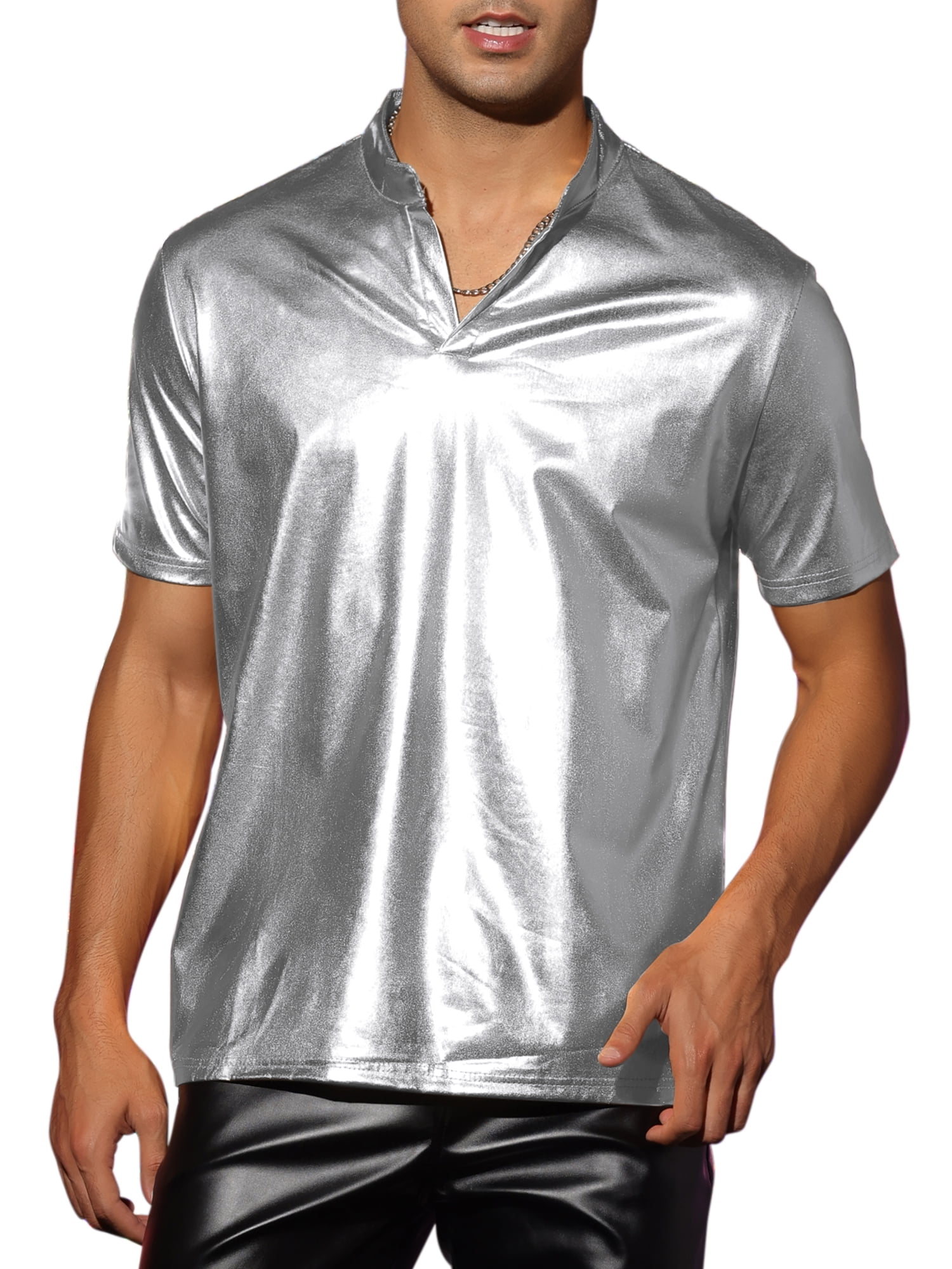 INSPIRE CHIC Metallic T-Shirt for Men's Stand Collared Shiny Disco ...