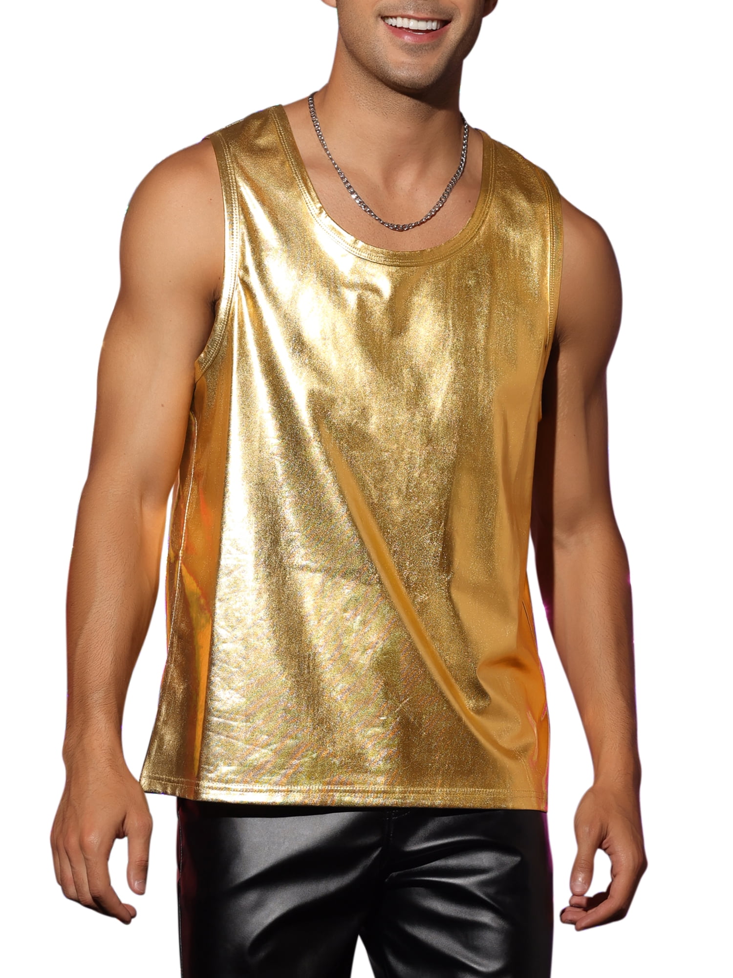 INSPIRE CHIC Metallic Tank Top for Men's Round Neck Shiny Disco Party ...