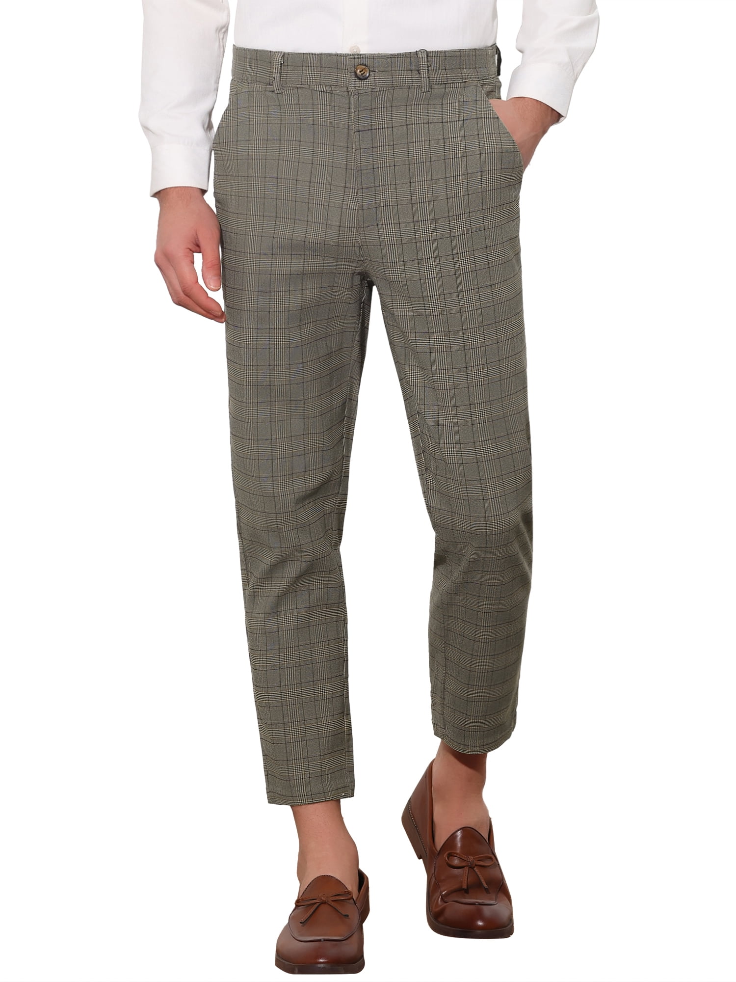 INSPIRE CHIC Plaid Cropped Pants for Men's Flat Front Ankle Length Checked Dress Pants Dark ...