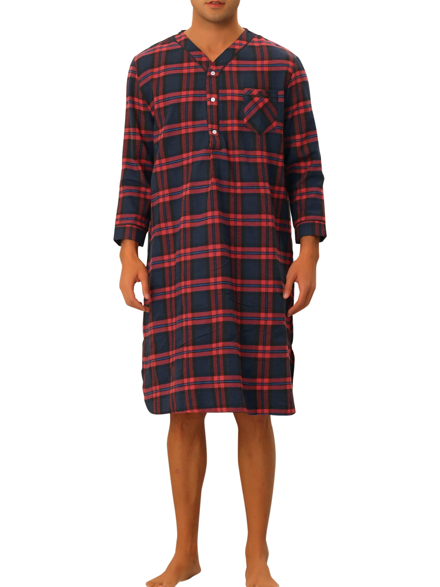 INSPIRE CHIC Plaid Nightshirt for Men's Loose Fit Henley Necklike ...