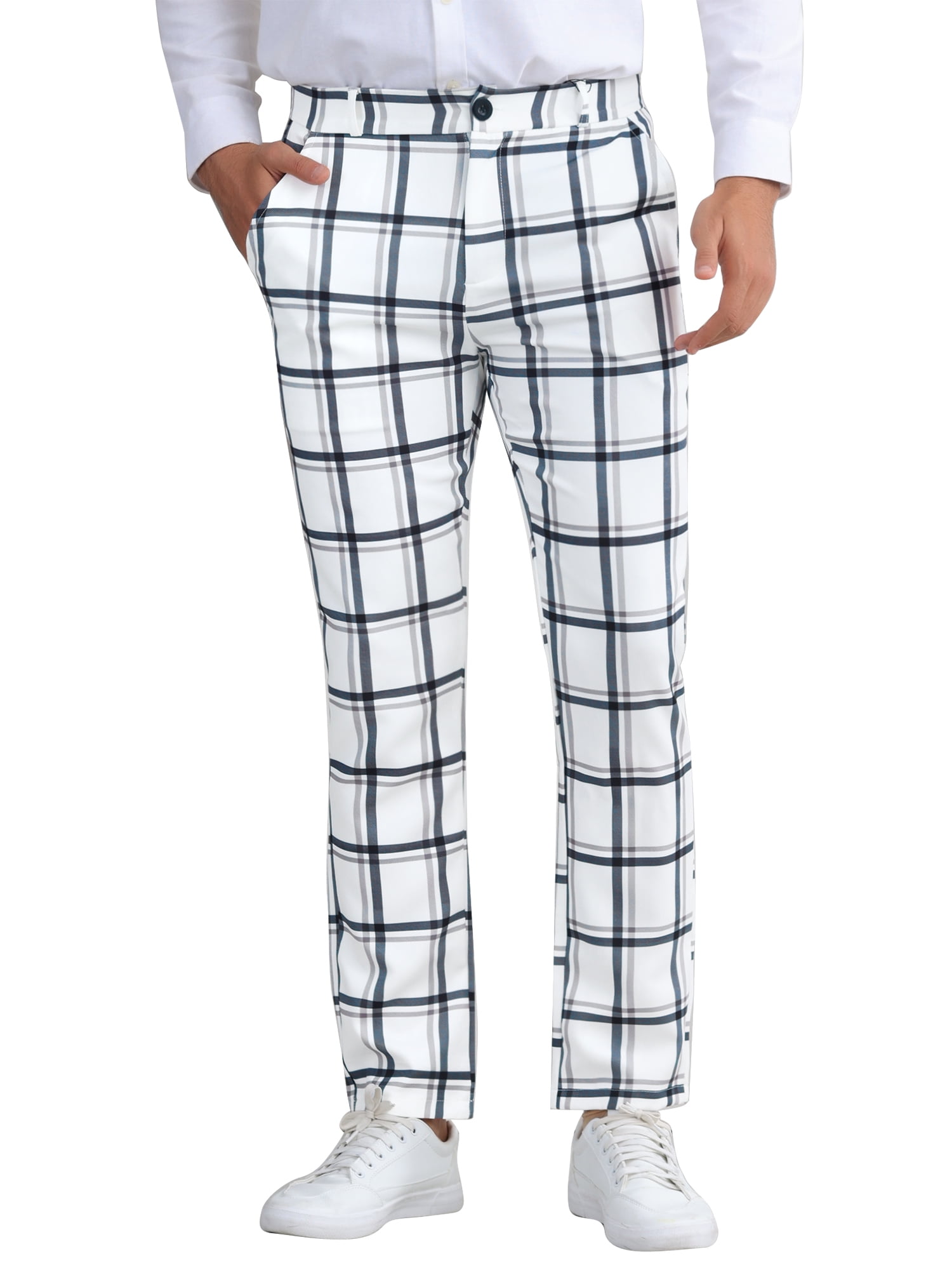 Lars Amadeus Plaid Printed Pants for Men's Regular Fit Flat Front Office Checked Slacks 38 White ...