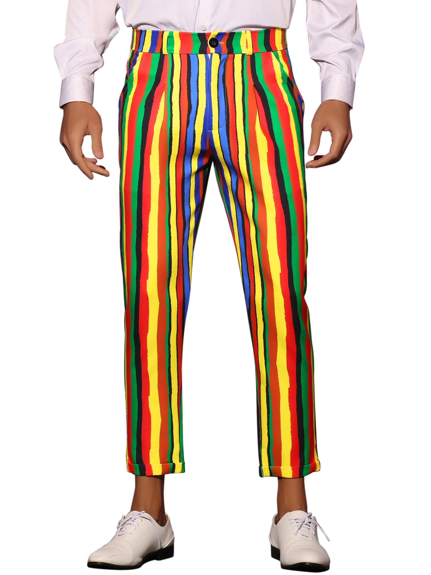 Lars Amadeus Rainbow Dress Pants for Men's Regular Fit Flat Front Cropped Striped Trousers ...