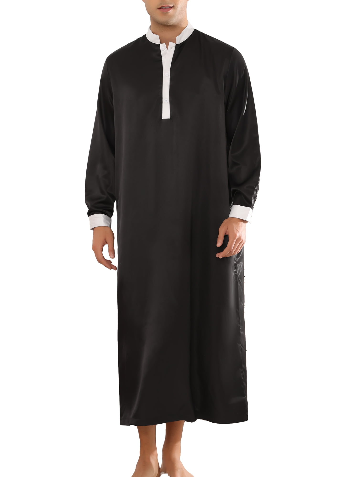 Lars Amadeus Satin Nightshirt for Men's Long Sleeves Banded Collar Long ...