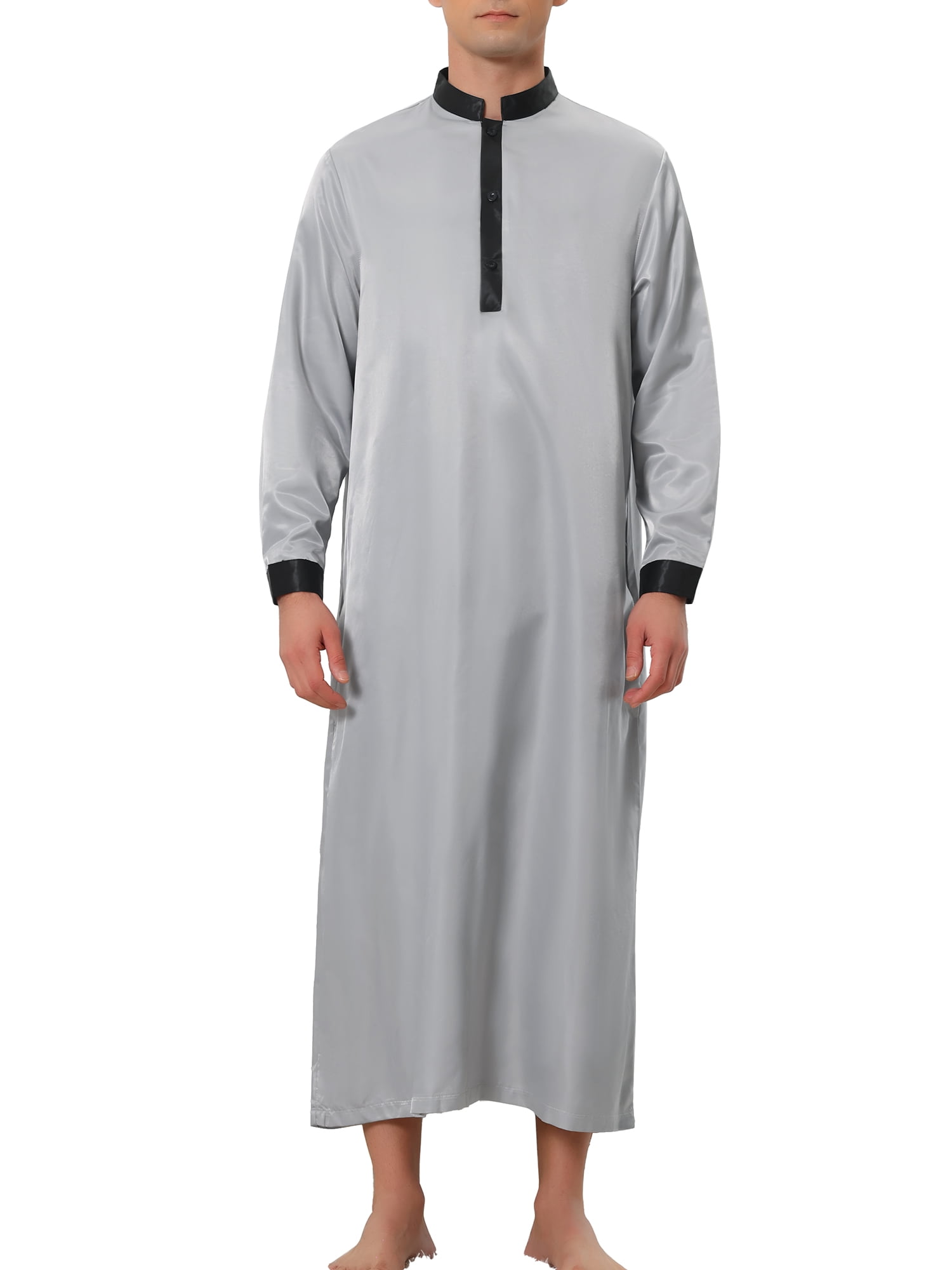 Lars Amadeus Satin Nightshirt for Men's Long Sleeves Banded Collar Long ...