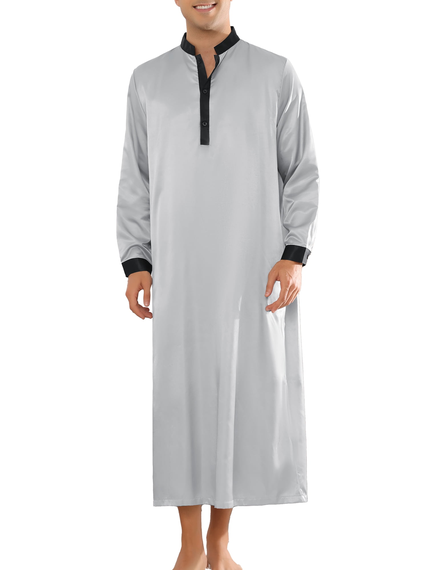 Lars Amadeus Satin Nightshirt for Men's Long Sleeves Banded Collar Long ...