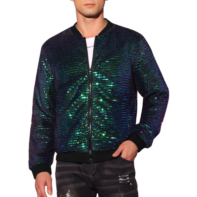 INSPIRE CHIC Men's Jackets Sequin Bomber Sparkle Design Party Zip-Up ...