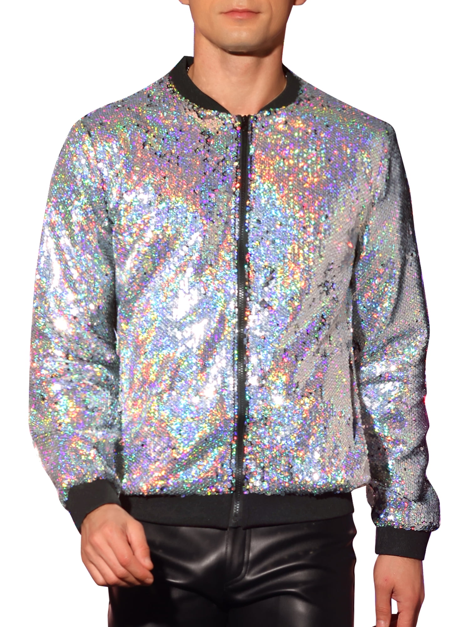 INSPIRE CHIC Sequin Jacket for Men's Zip Up Long Sleeves Party Disco Sparkly Bomber Jacket ...