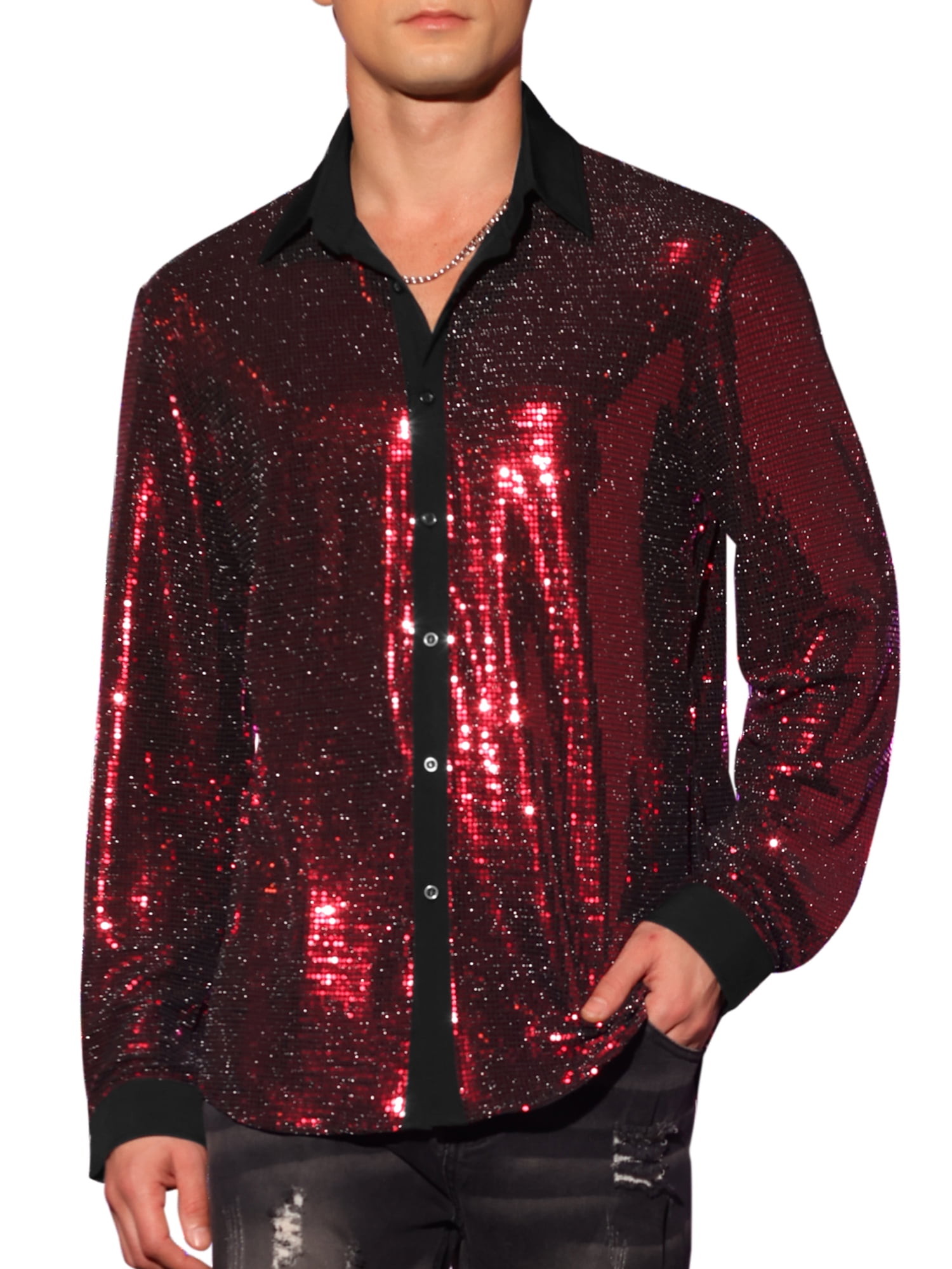 INSPIRE CHIC Men's Shirts Sequin Long Sleeve Button Down Sparkle ...
