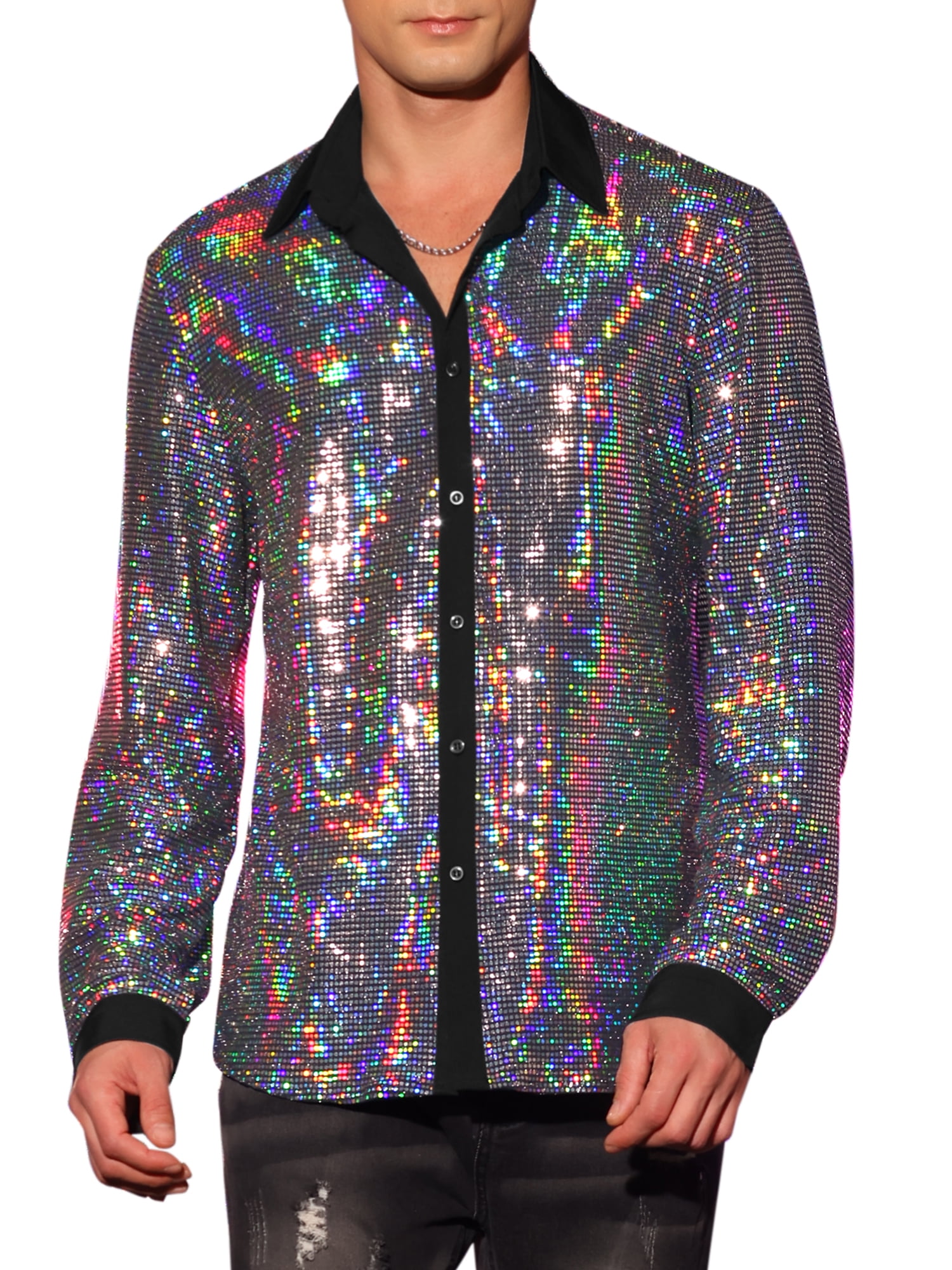 INSPIRE CHIC Men's Shirts Sequin Long Sleeve Button Down Sparkle ...