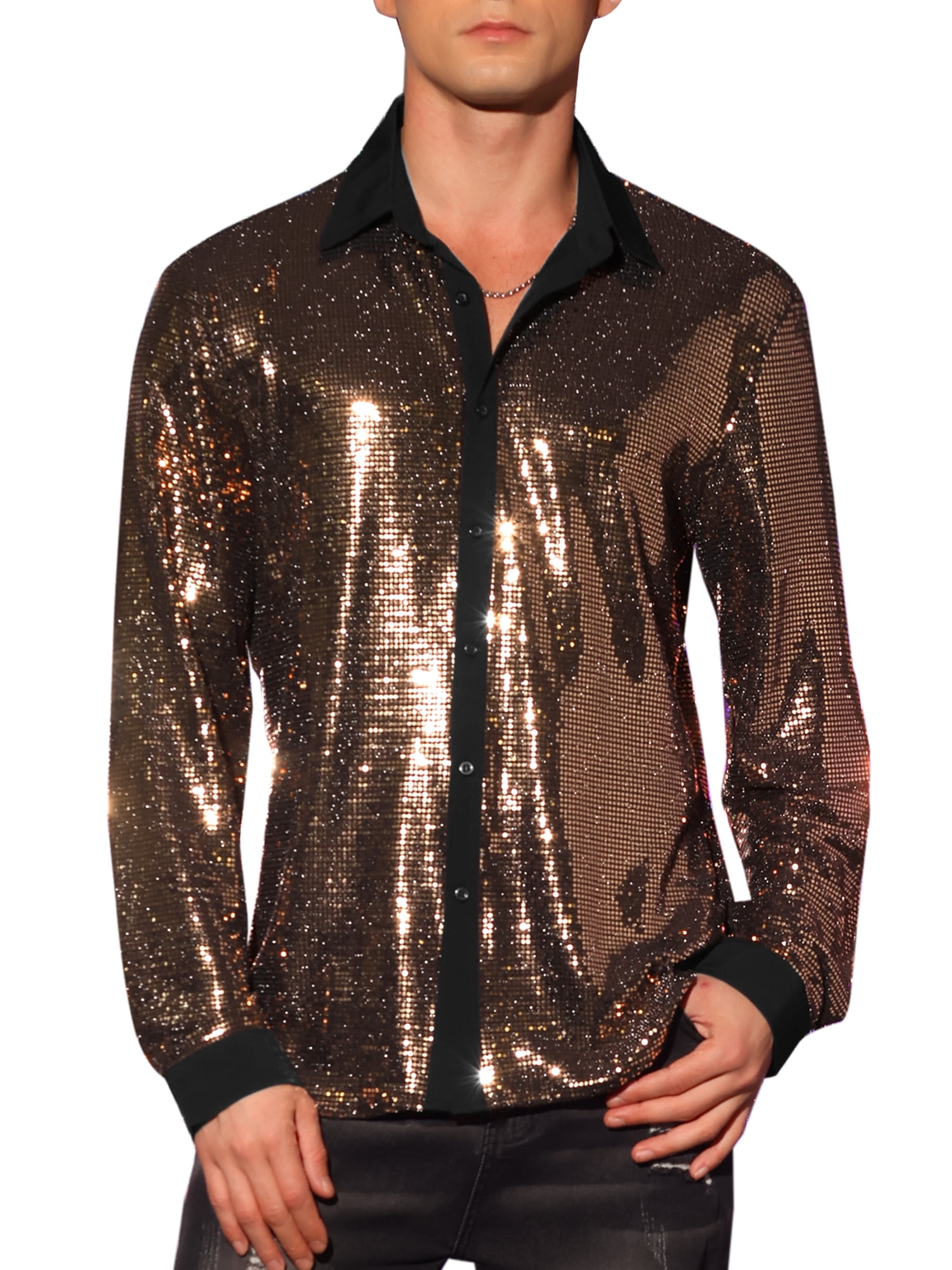 INSPIRE CHIC Men's Shirts Sequin Long Sleeve Button Down Sparkle ...