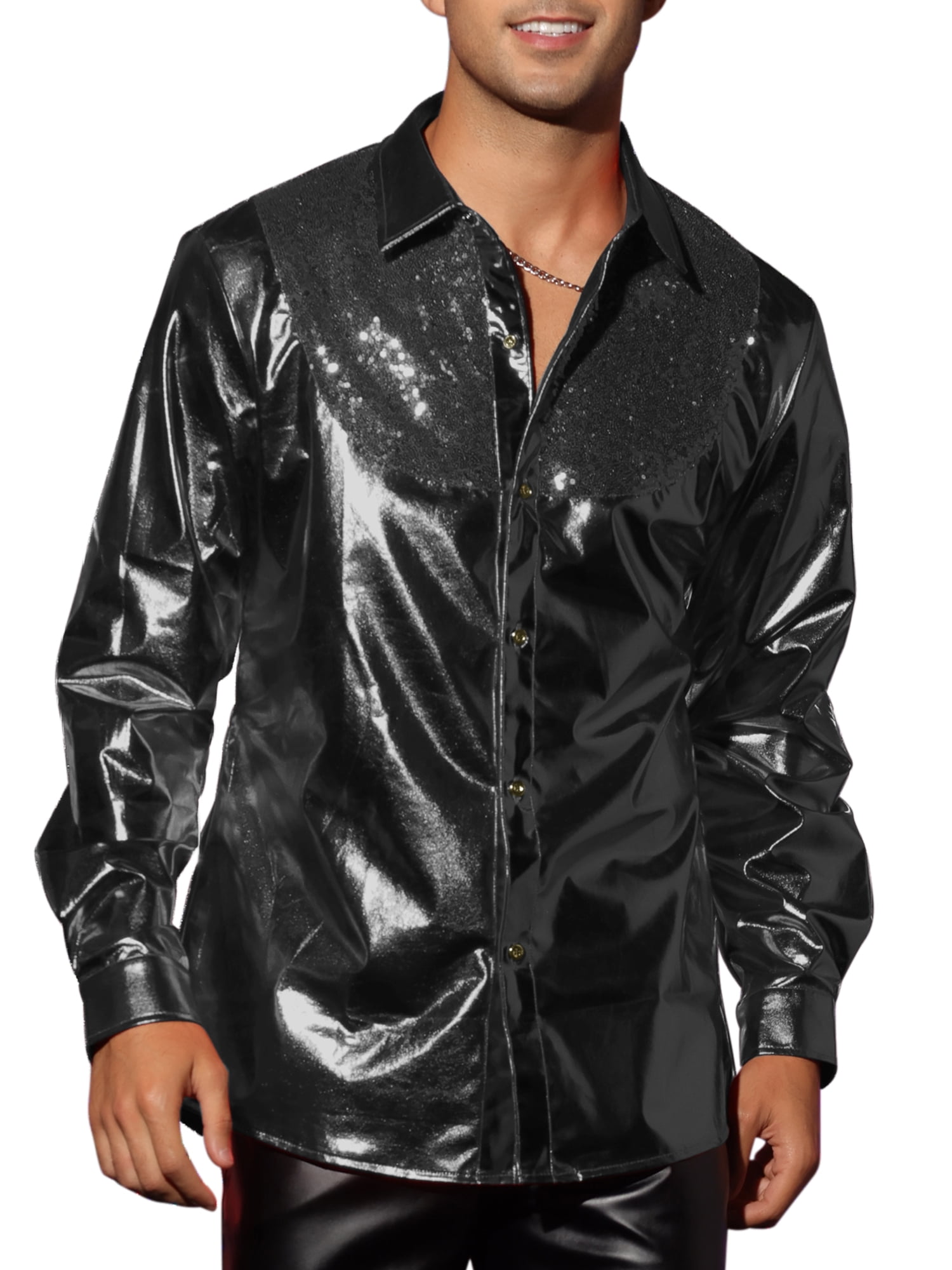 Lars Amadeus Sequin Shirt for Men's Metallic Casual Button Down Party Disco Shiny Shirts ...