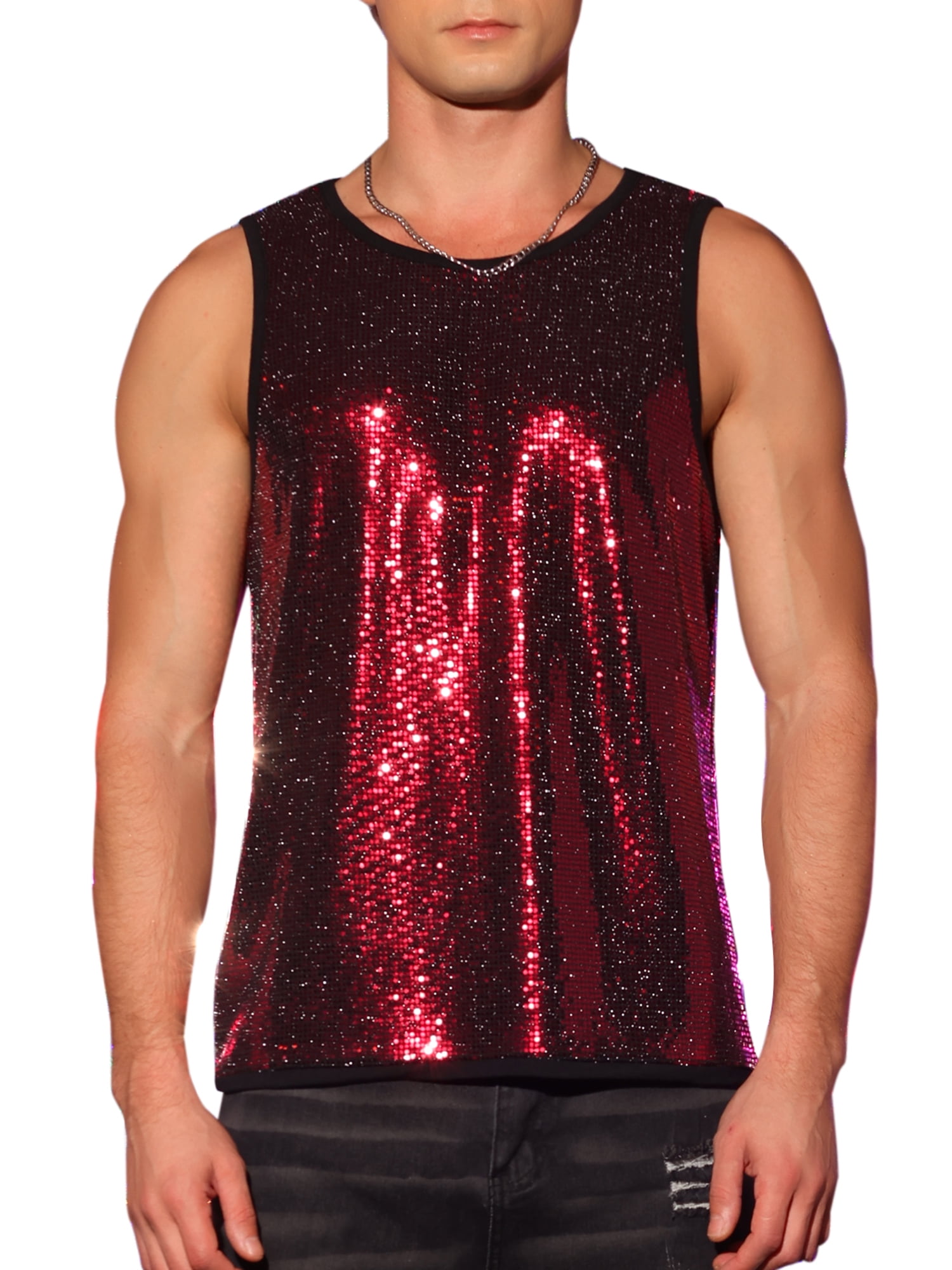 INSPIRE CHIC Men's Tops Sequin Crew Neck Sleeveless Metallic Tank Top M ...