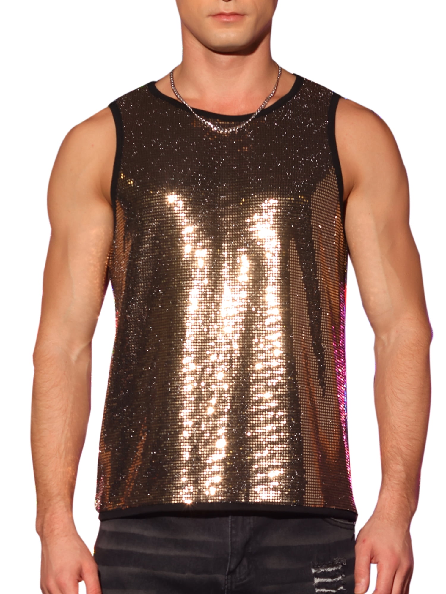 INSPIRE CHIC Men's Tops Sequin Crew Neck Sleeveless Metallic Tank Top S ...
