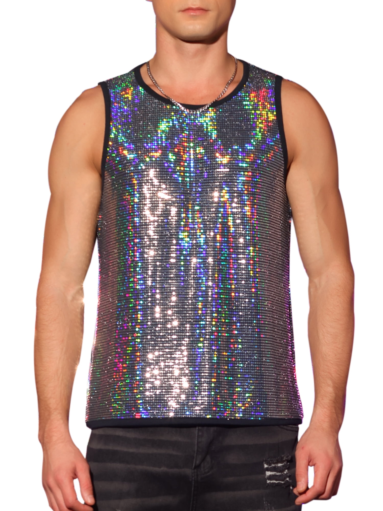 Lars Amadeus Sequin Tank Top for Men's Metallic Sparkle Glitter ...