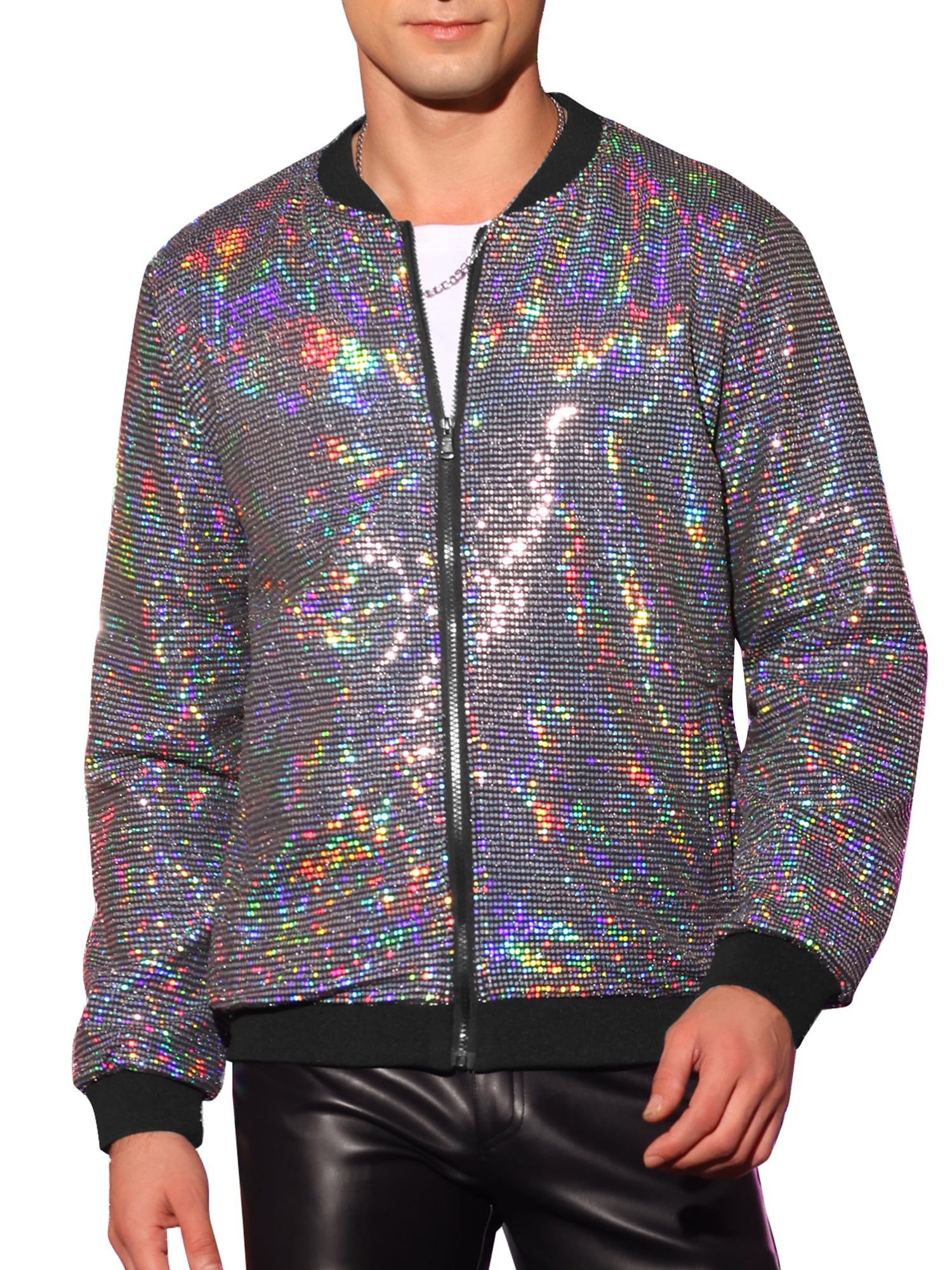 Lars Amadeus Sequin Varsity Jacket for Men's Zip Up Long Sleeves Party ...
