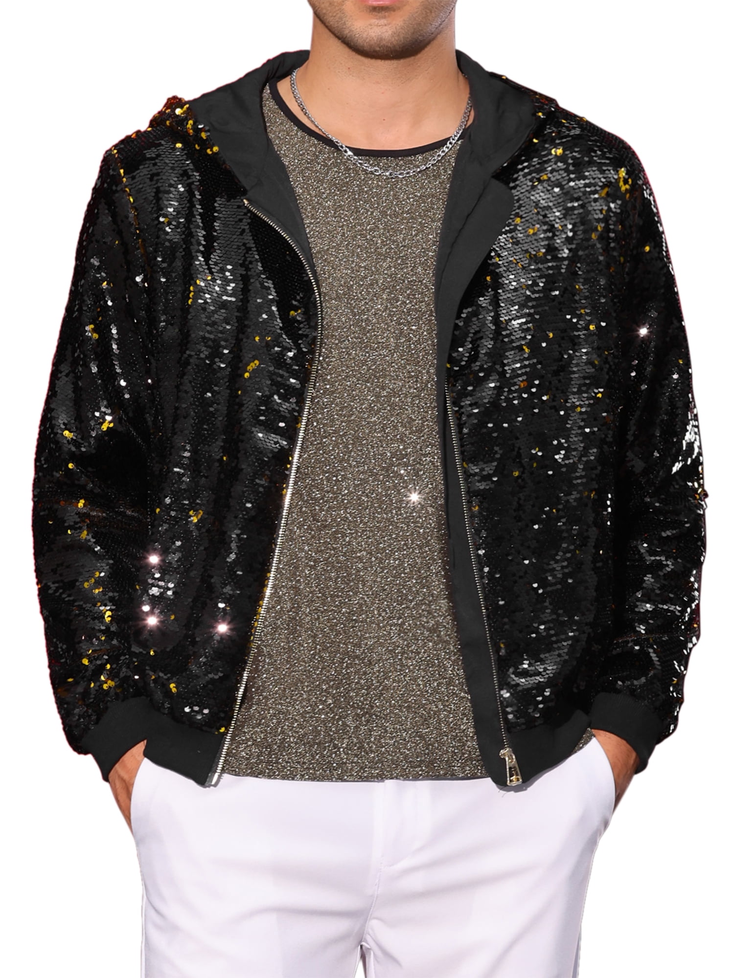 INSPIRE CHIC Sequins Jacket for Men's Long Sleeves Zip Up Flip-Sequin ...