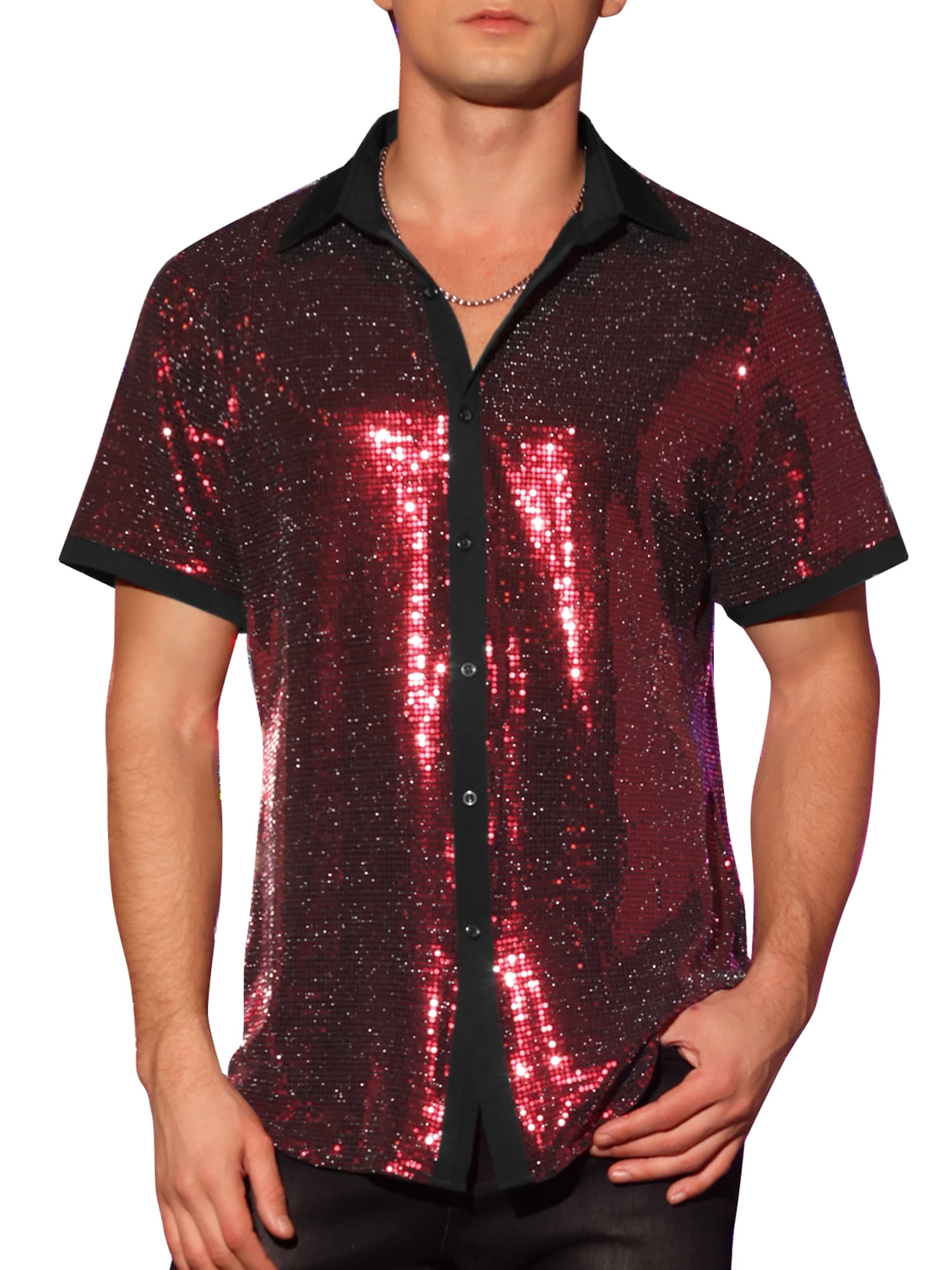 INSPIRE CHIC Father's Day Men's Sequin Party Shirt Contrasting Color ...