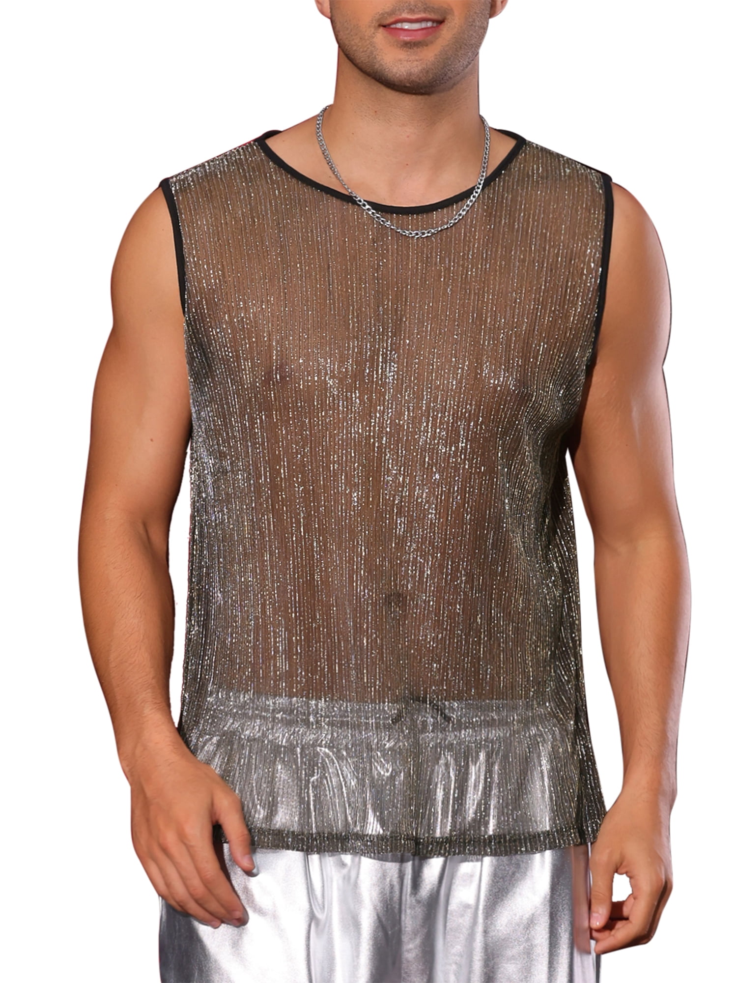 INSPIRE CHIC Shining Tank Top Men's Party Round Neck Sheer See Through ...