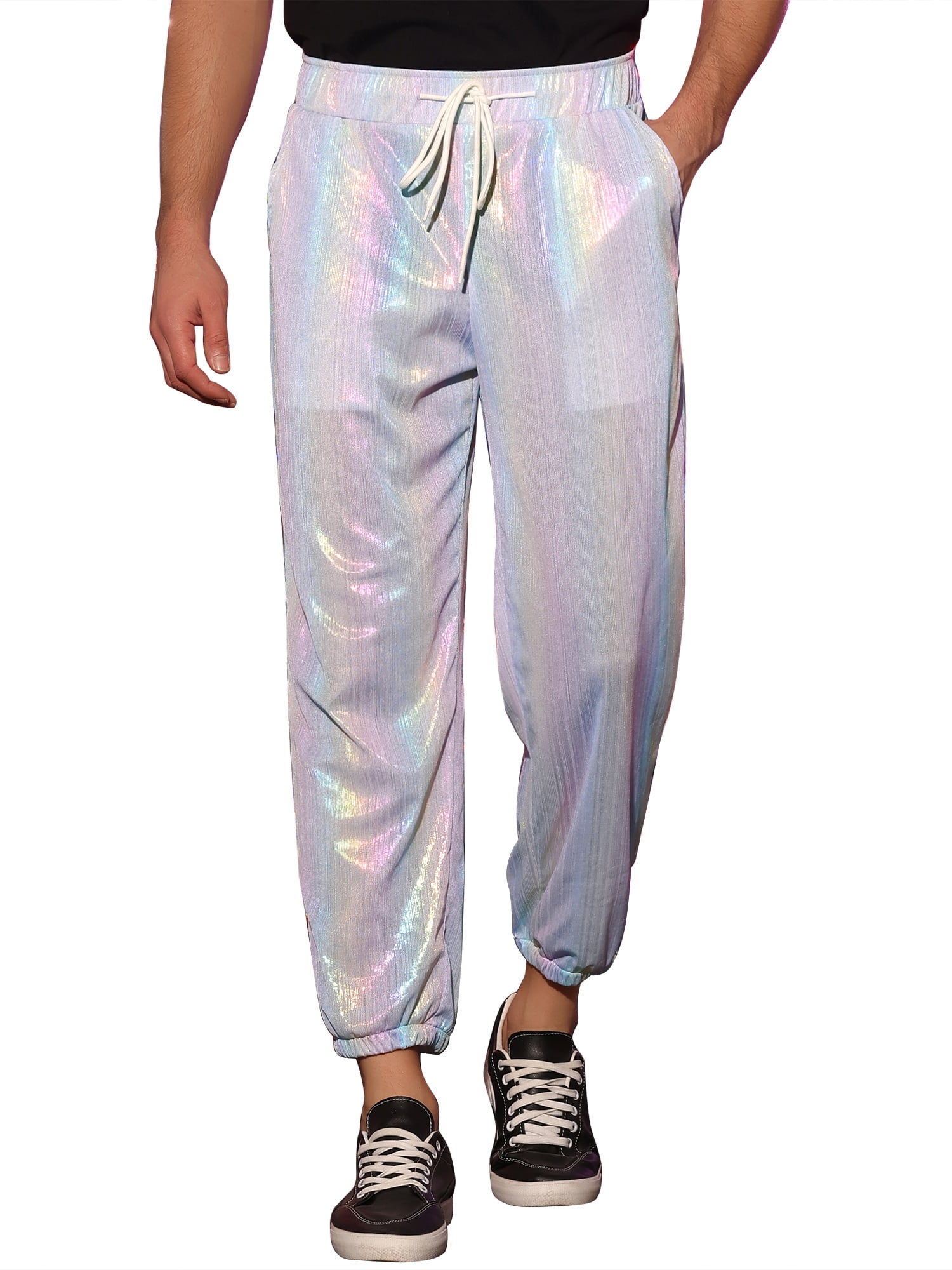 Lars Amadeus Shiny Drawstring Jogger for Men's Metallic Sweat Pants ...