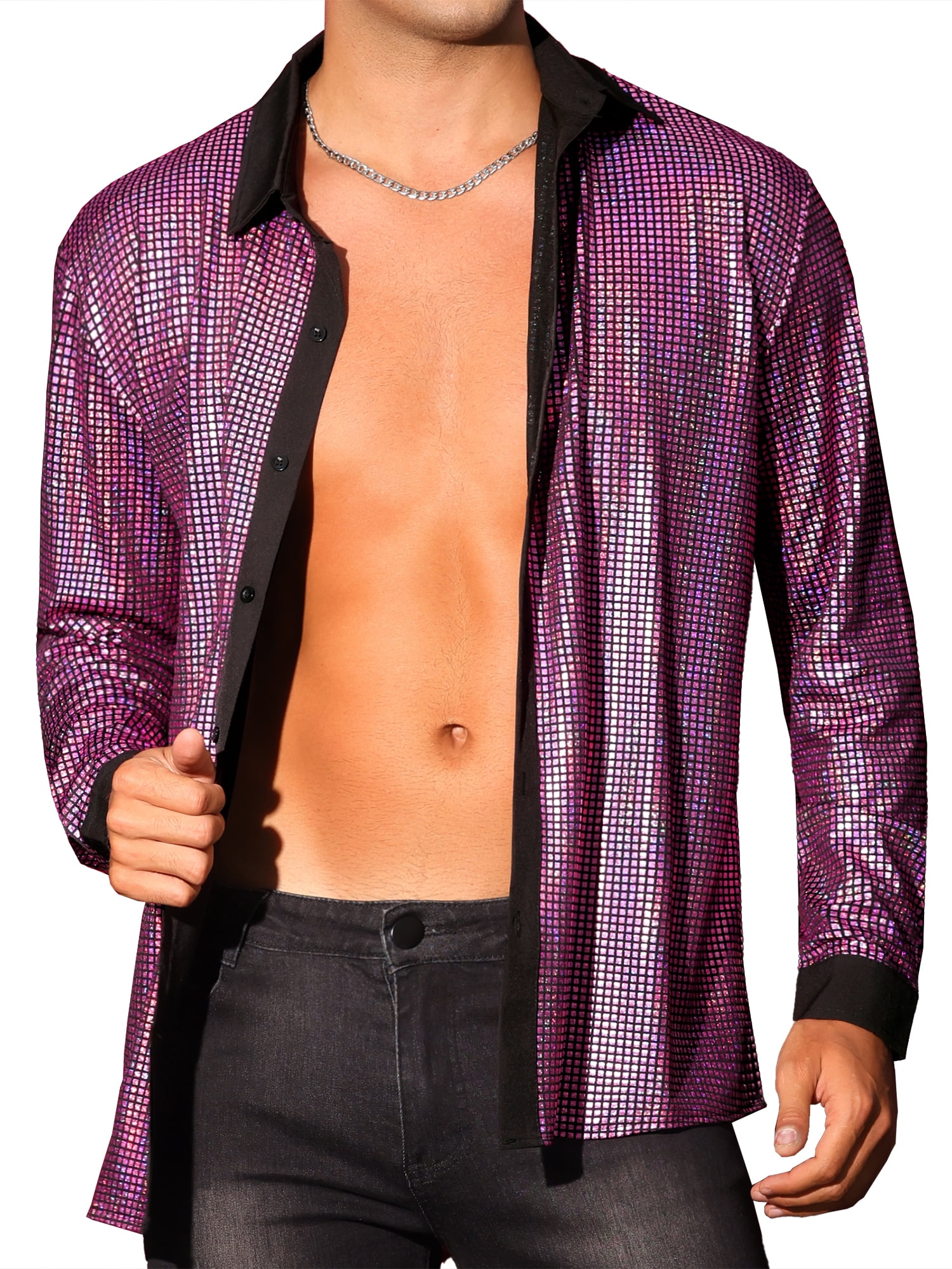 Lars Amadeus Shiny Metallic Shirts for Men's Long Sleeves Glitter Party ...