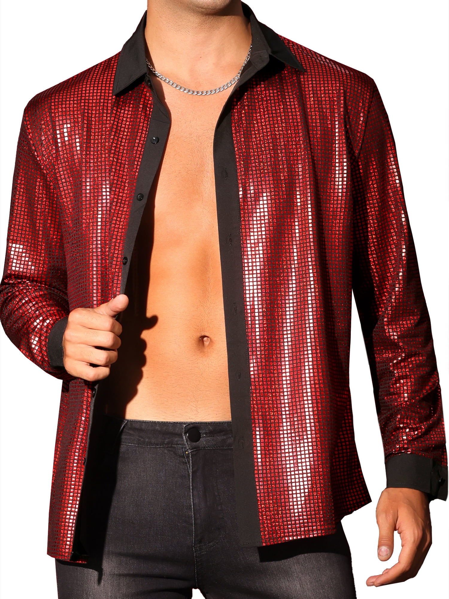 Lars Amadeus Shiny Metallic Shirts for Men's Long Sleeves Glitter Party ...