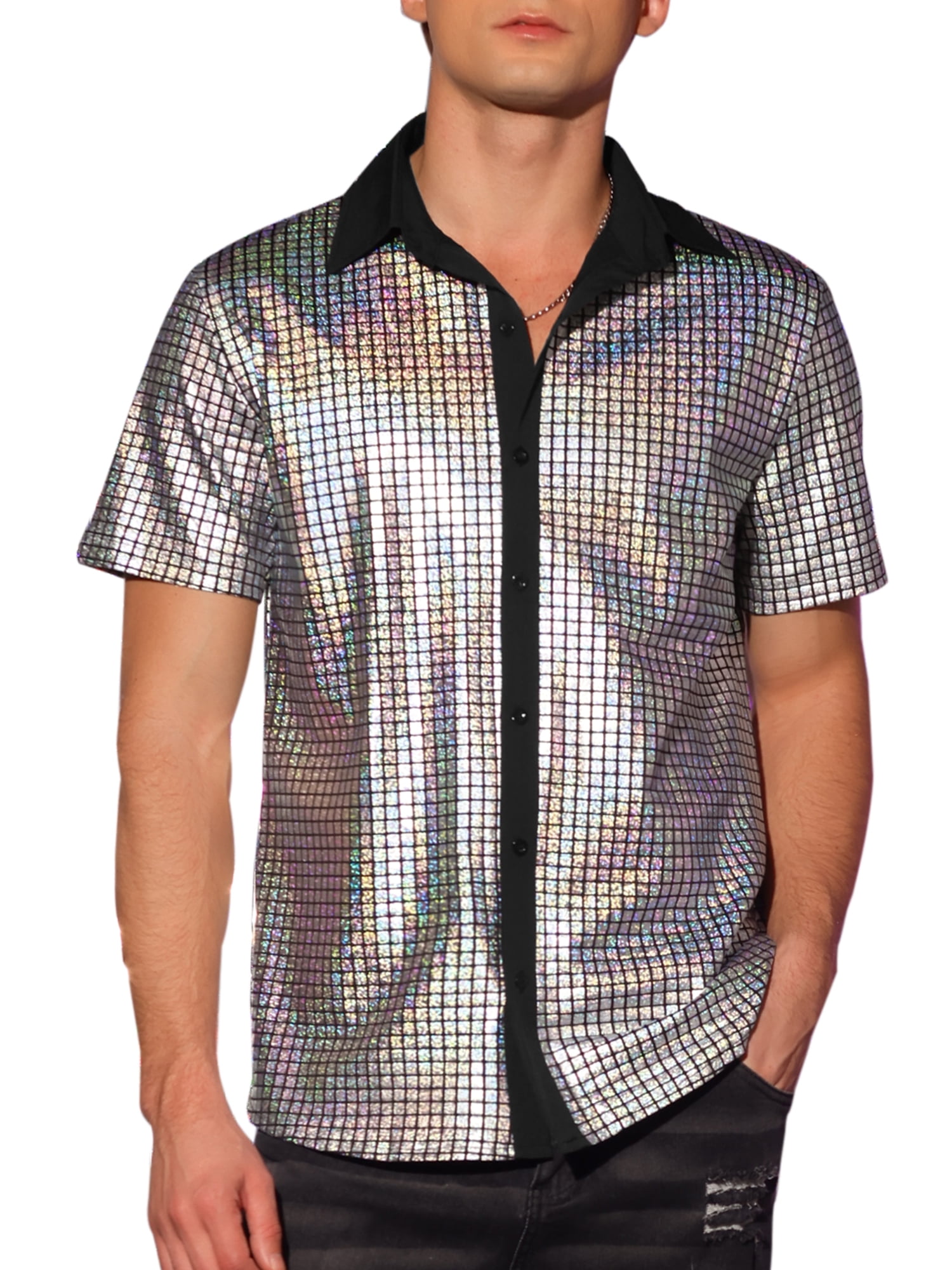 INSPIRE CHIC Shiny Metallic Shirts for Men's Short Sleeves Button Down Party Disco Shirts 2XL ...