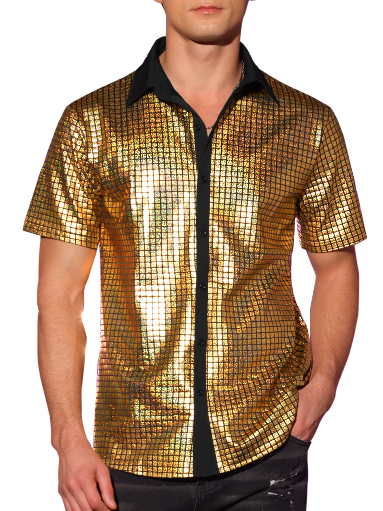 Lars Amadeus Shiny Metallic Shirts for Men's Short Sleeves Button Down ...
