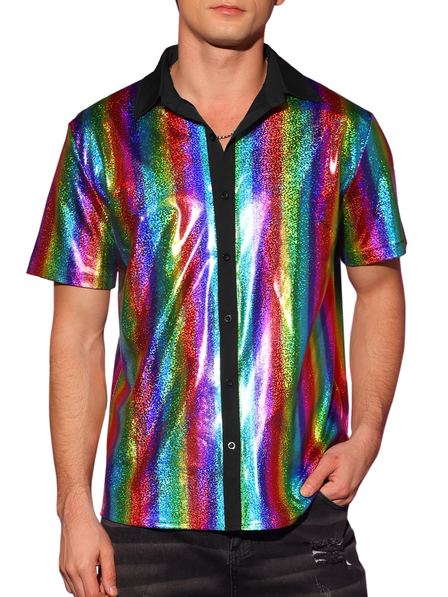 INSPIRE CHIC Shiny Metallic Shirts for Men's Short Sleeves Button Down ...