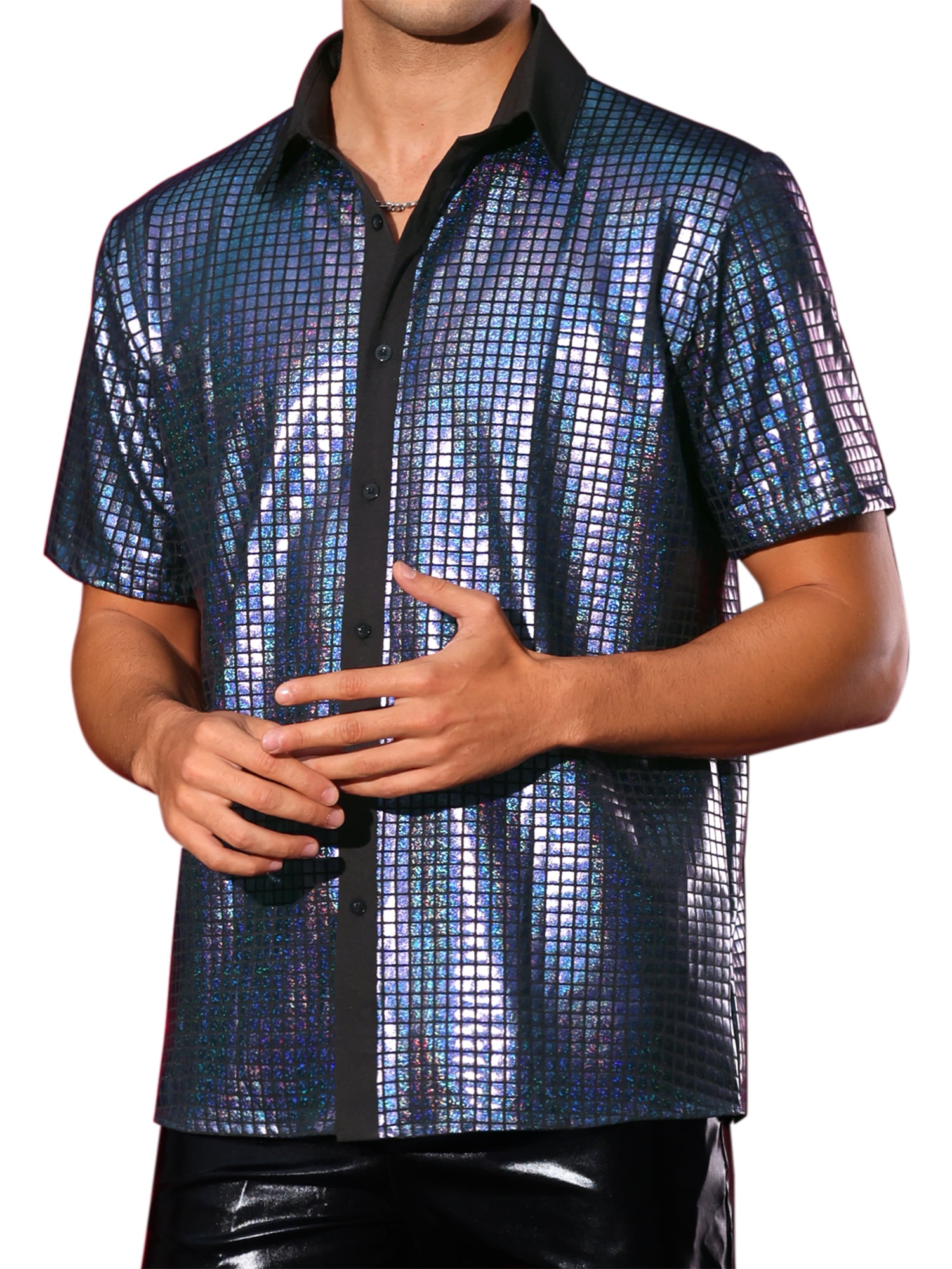 INSPIRE CHIC Shiny Metallic Shirts for Men's Short Sleeves Button Down ...