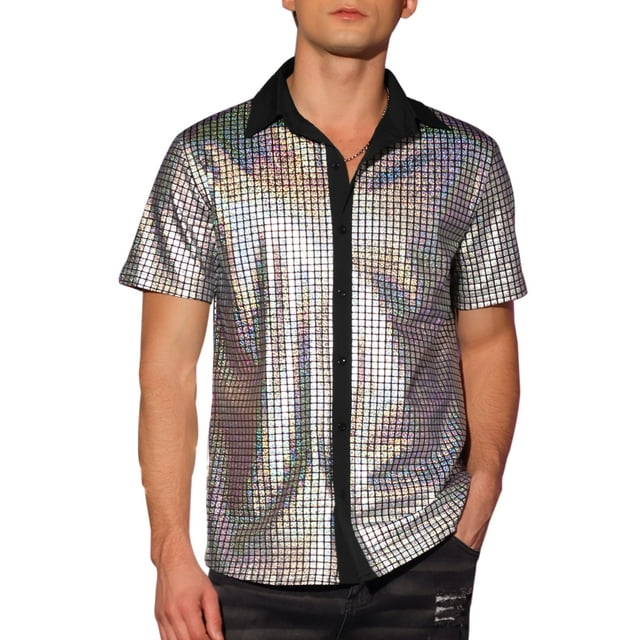Lars Amadeus Shiny Metallic Shirts for Men's Short Sleeves Button Down Party Disco Shirts ...